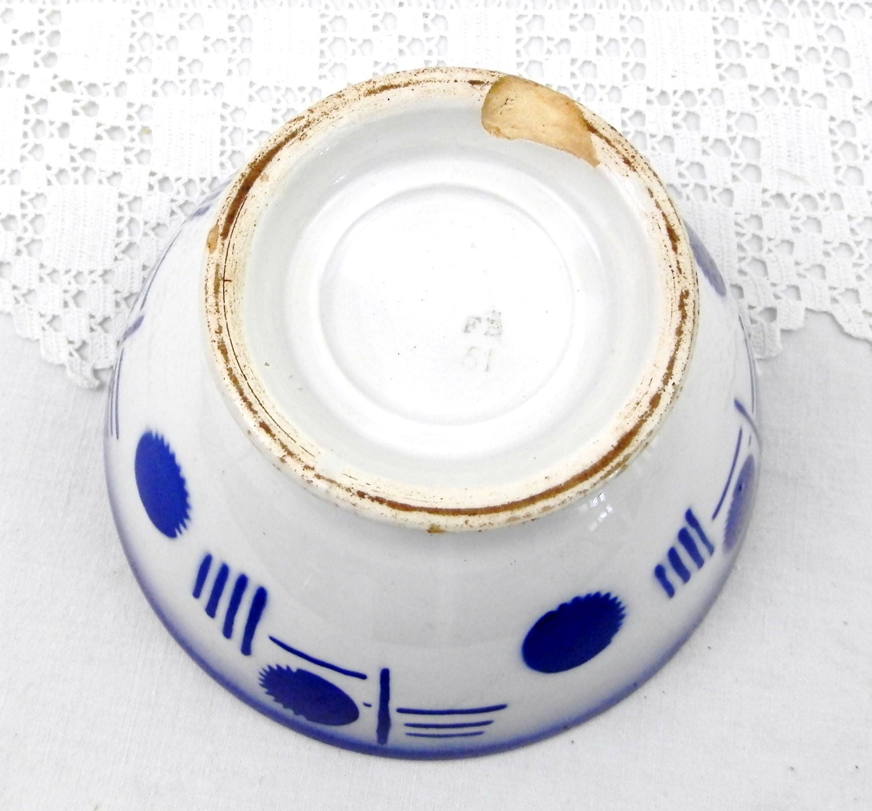 Antique Blue and White Art Deco Coffee Bowl from France, French ...