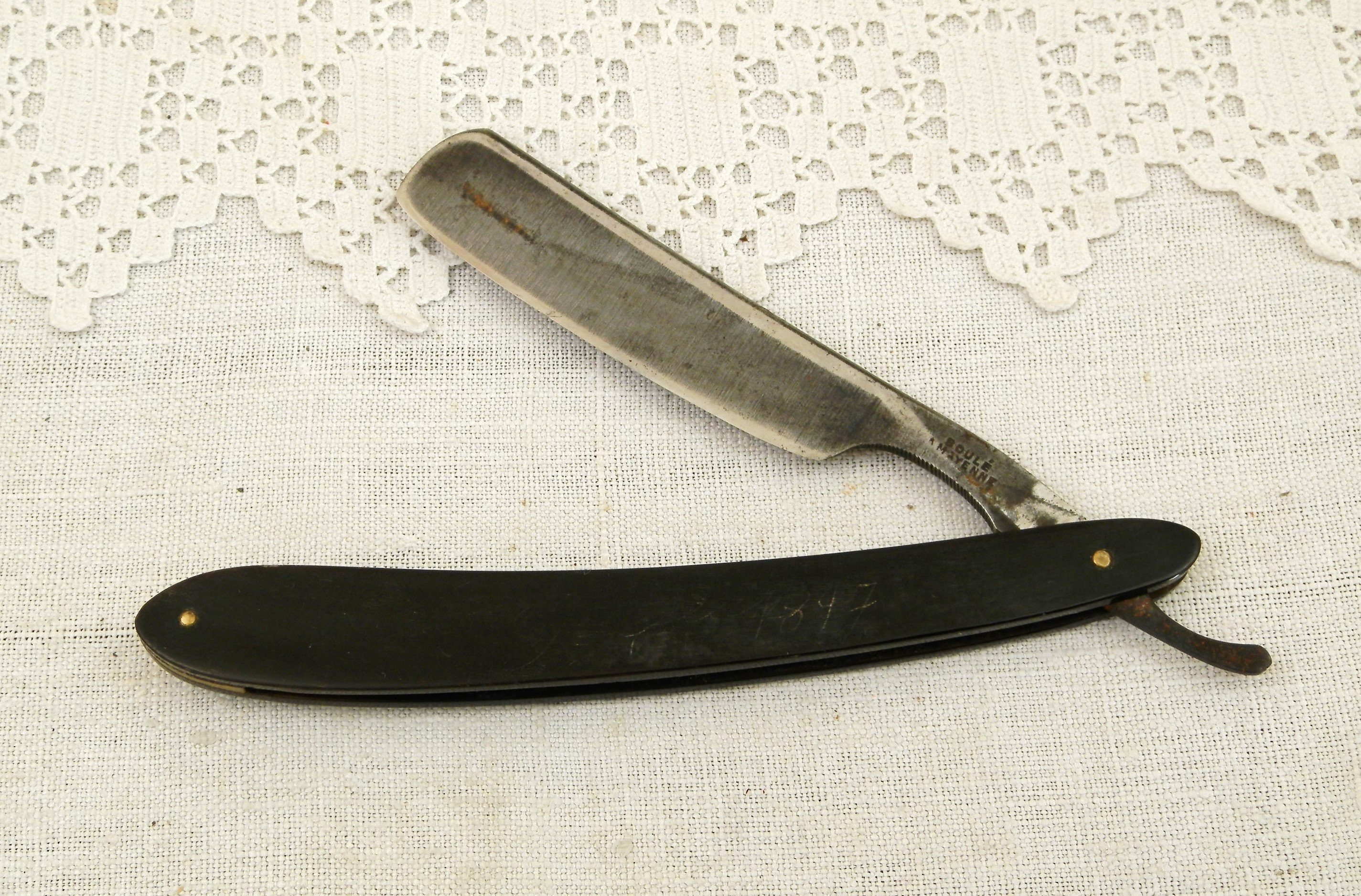 Antique French 19th Century Wooden Boxed Cut Throat Straight Razor on ...