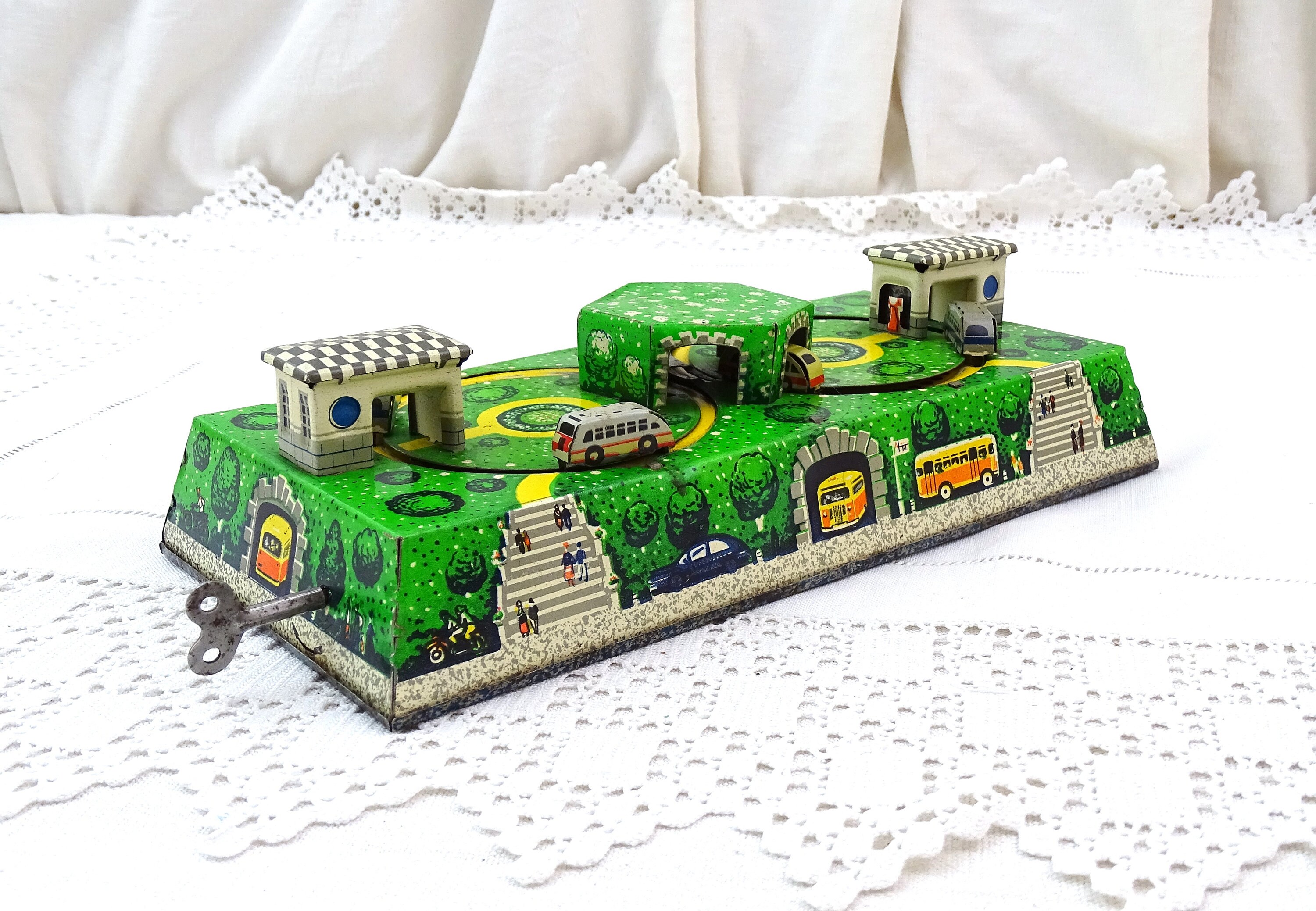 Vintage Working Wind Up Mechanical Tin Toy Bus Station, Retro Autobus ...