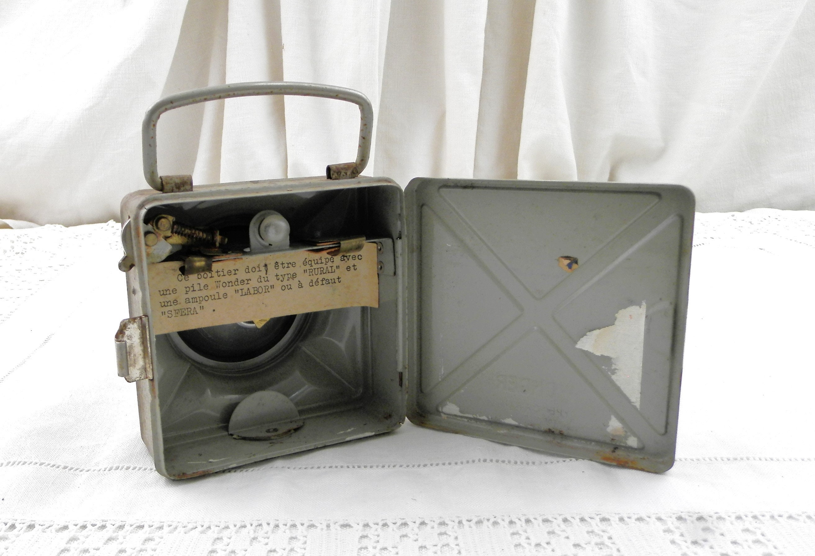 Vintage French Square Gray Metal Hand Held Flashlight By Wonder Model ...