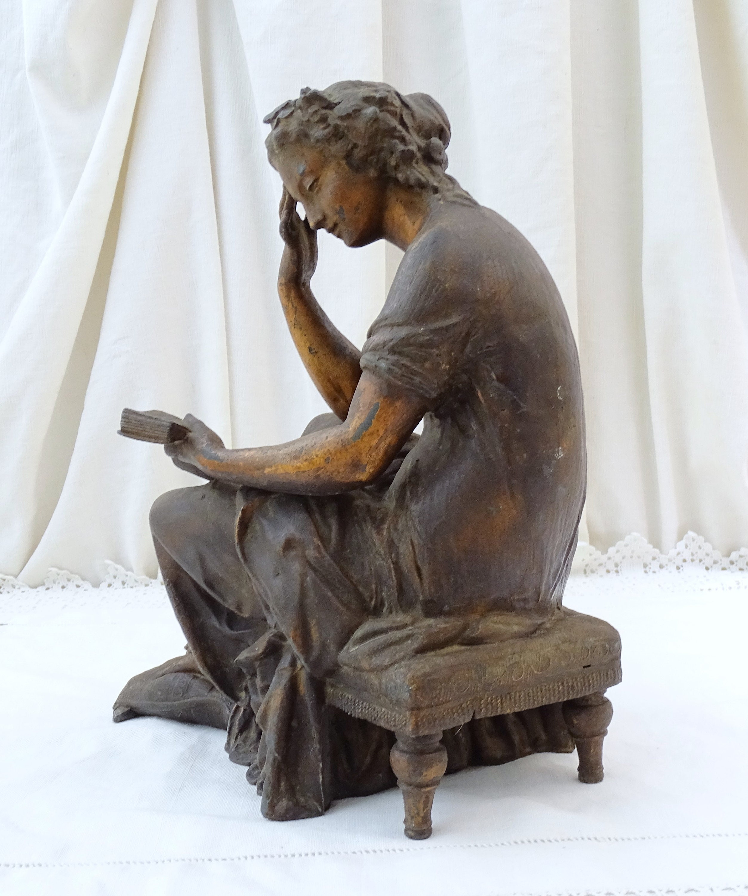 Antique French Statue of Sitting Girl Reading with Bronzed Patina on ...