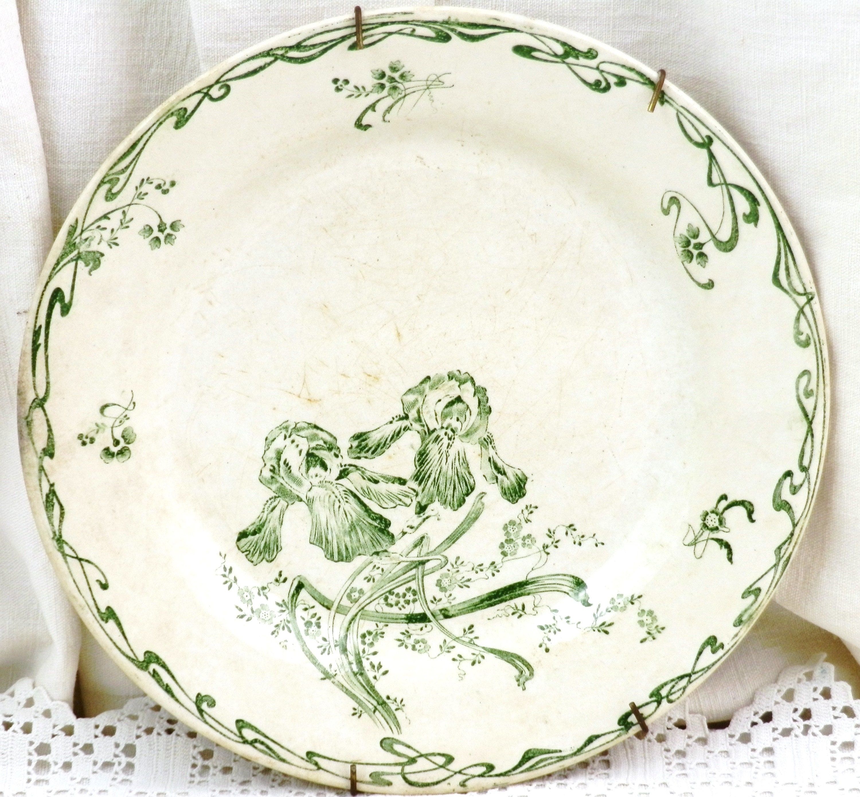 French Antique Ironware Ceramic Art Nouveau Plate by Creil et Montereau ...