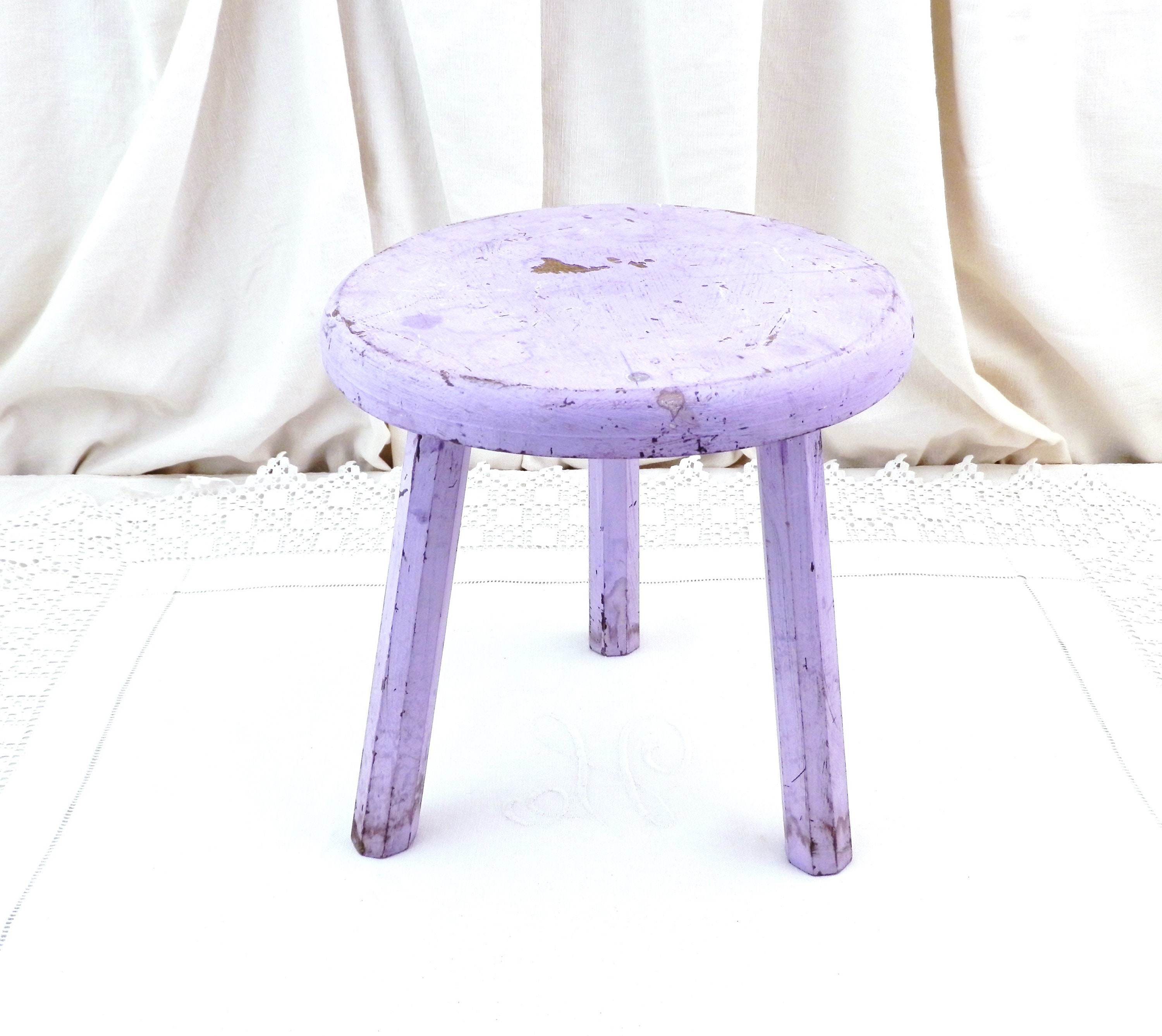 French Vintage 3 legged Wooden Stool Painted Bright Purple, Retro ...