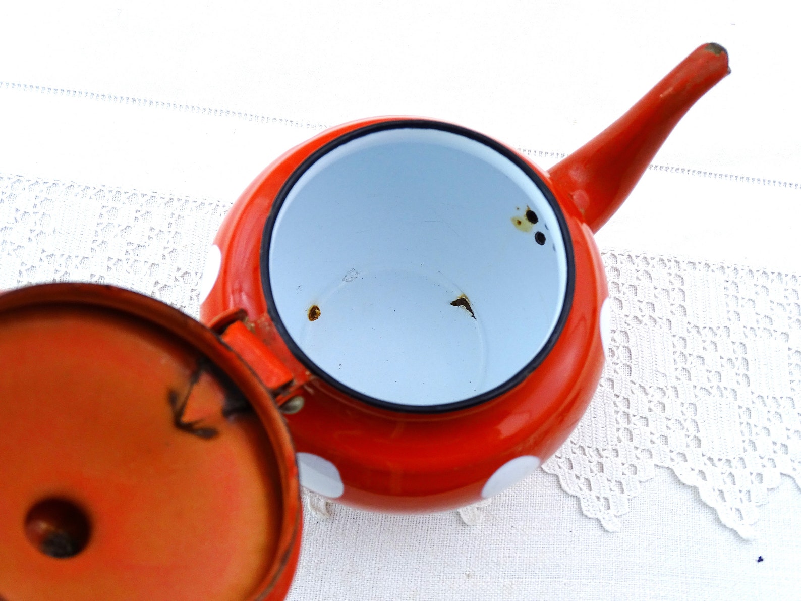 Small Vintage Chippy Red and White Polka Dot Enamelware Tea - Etsy