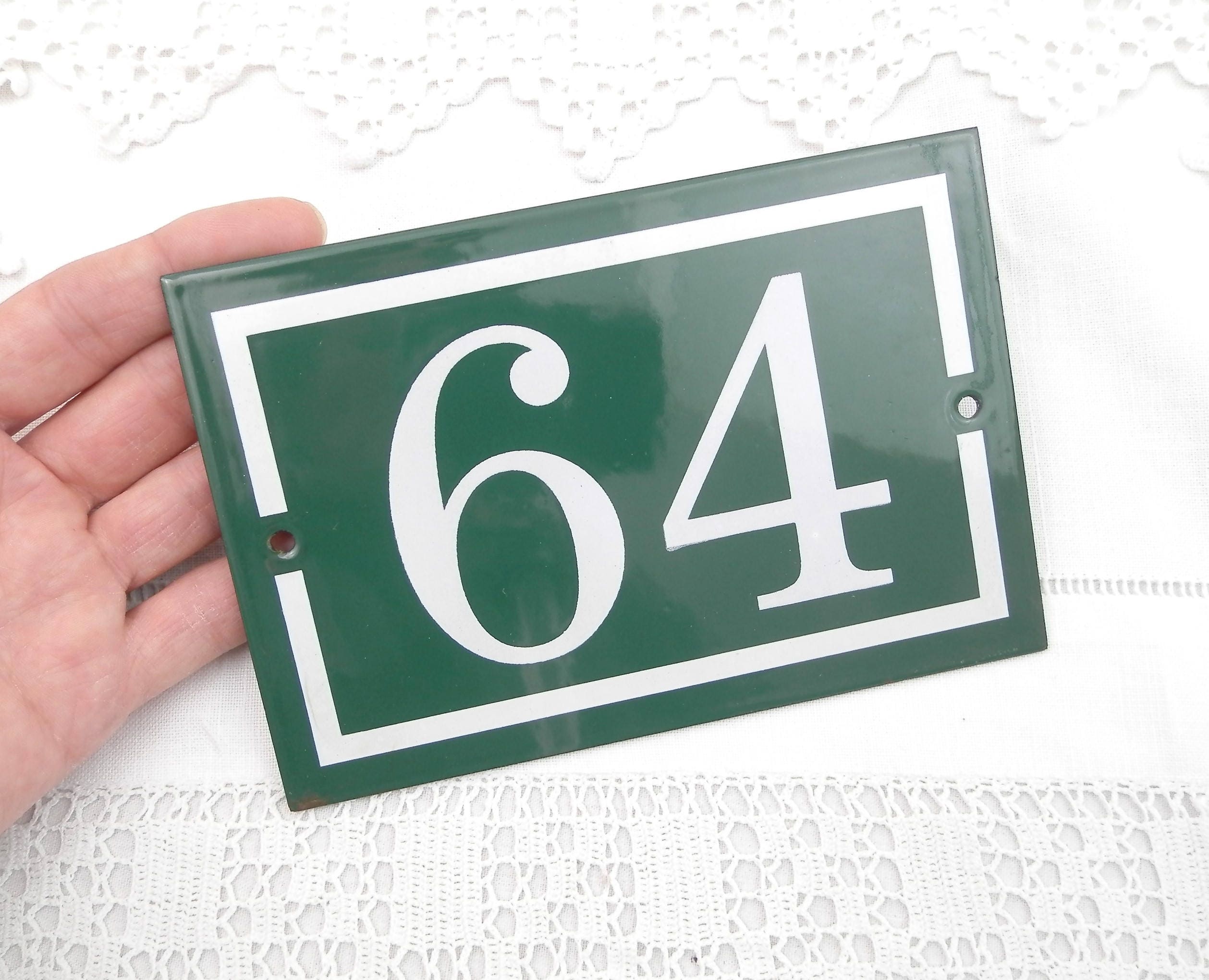 Large Unused Vintage French Enamel House Number 64 in Green and White ...