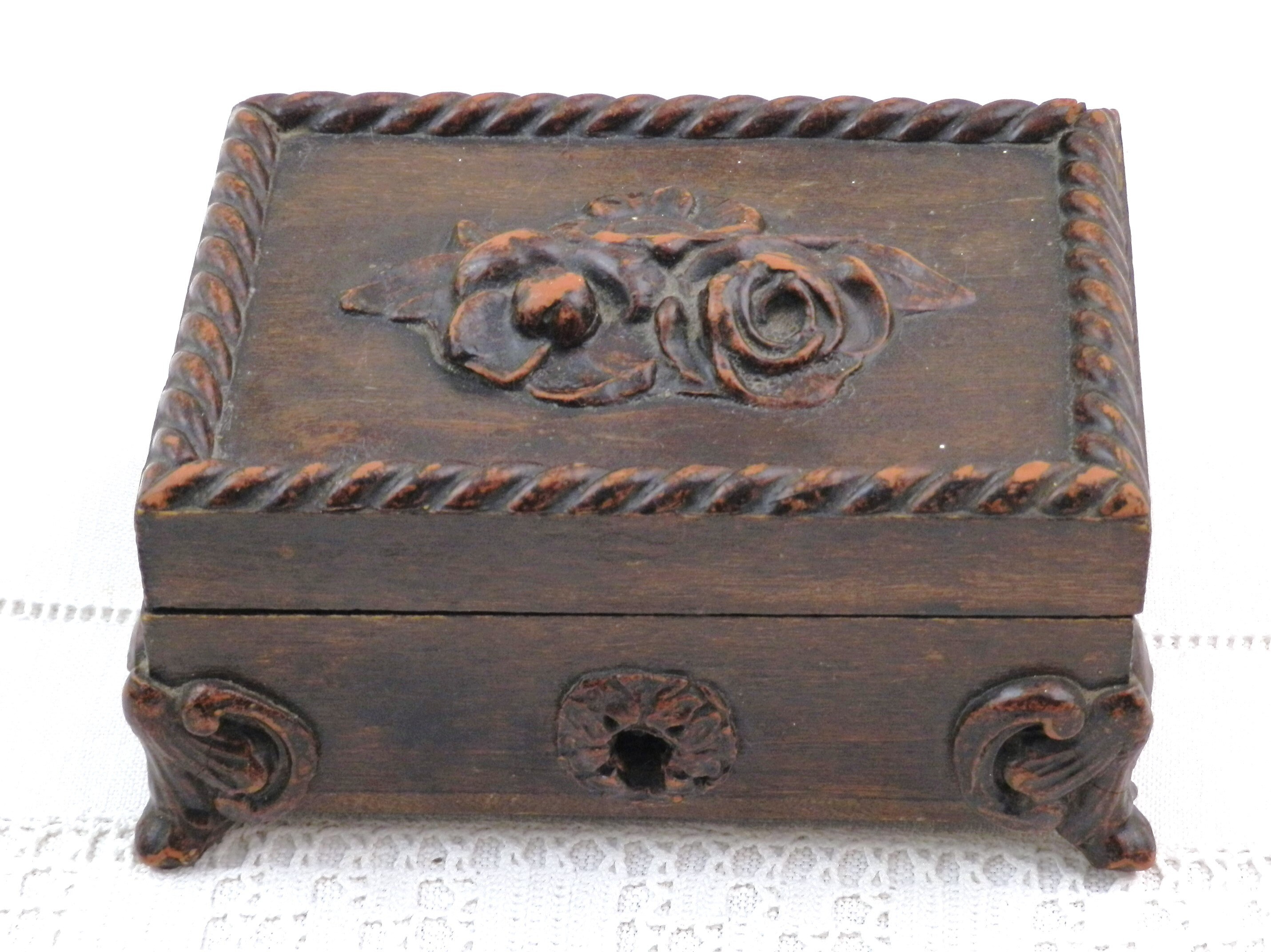 Small Antique French Decorative Wooden Box with Rose Pattern on the Lid ...