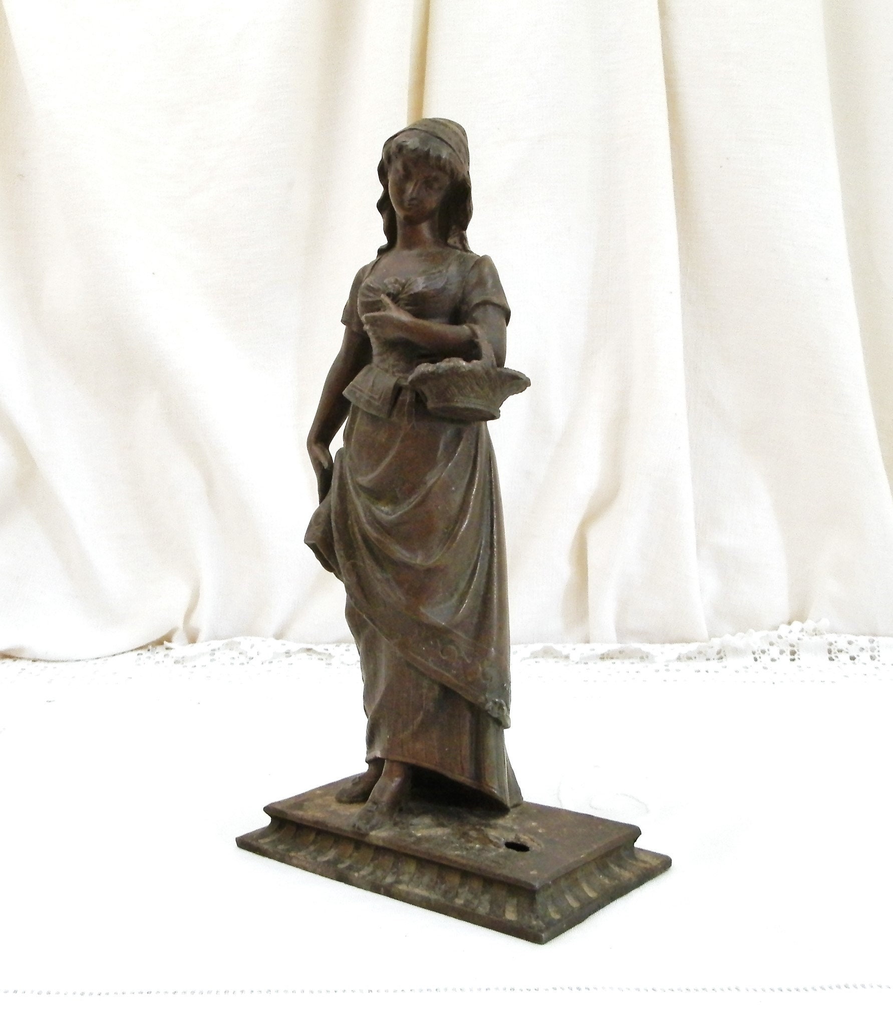 Antique 19th Century French Cast Iron Statue of Young Girl with Flower ...