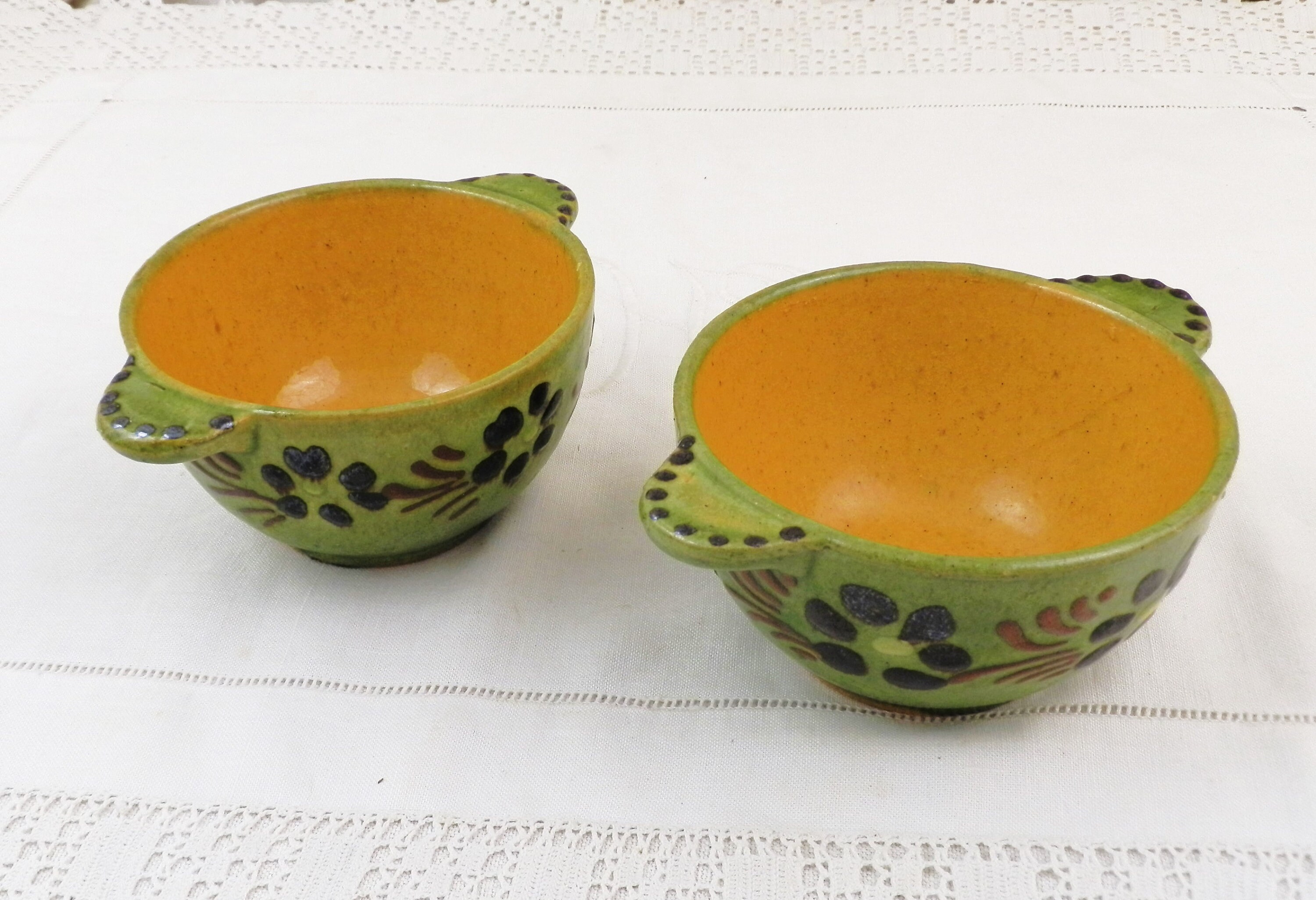 2 French Vintage Coffee Bowls with Ears and Slip Trailing Patterns ...