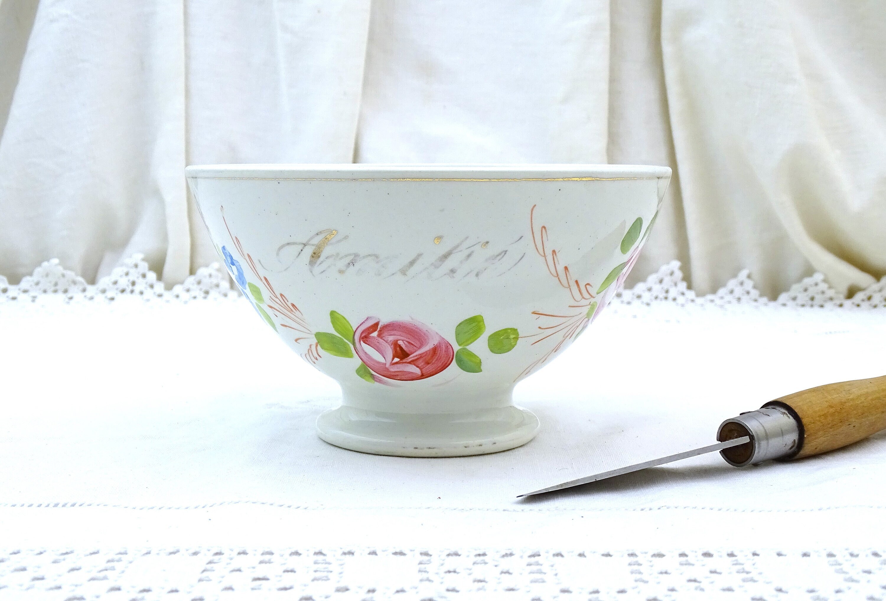 Antique French White Hand Painted Footed Coffee Bowl with Rose Flower ...