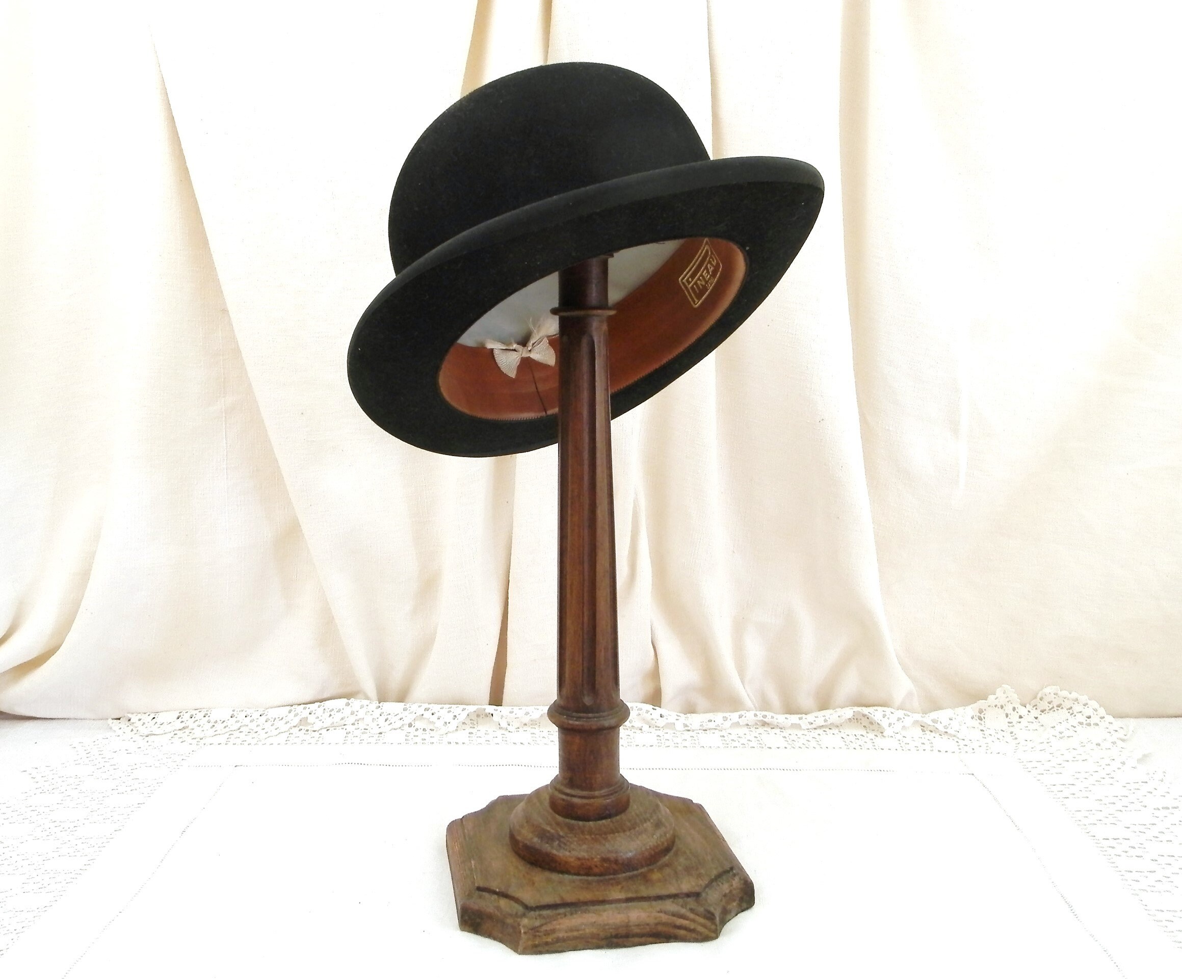 Antique French Barely Used Black Woolen Felt Bowler Hat made by Pineau ...