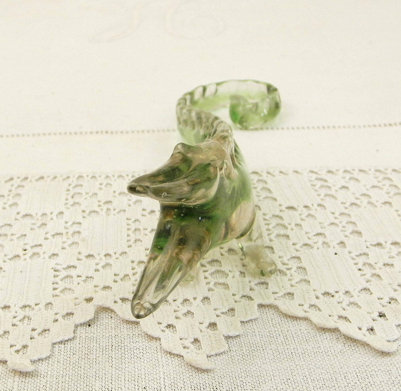 Vintage Hand Made Murano Style Alligator, Retro Clear and Green Glass ...