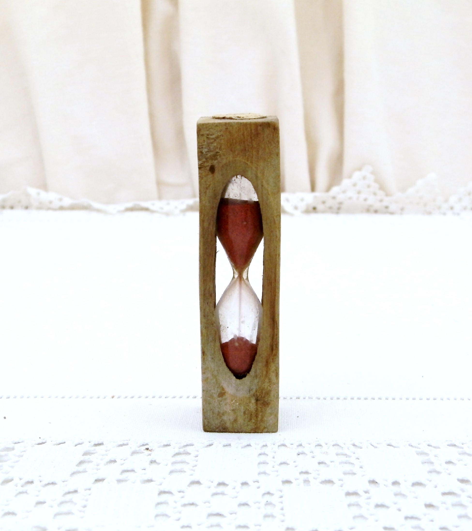 Vintage Rustic Primitive Egg Timer Made of Wood and Glass with Red Sand ...