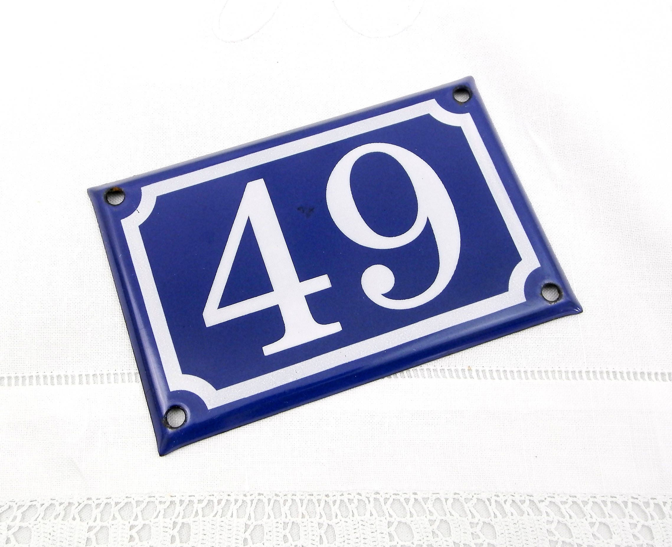 Blue and White French Enamel Metal Number Plaque 49, Vintage French ...