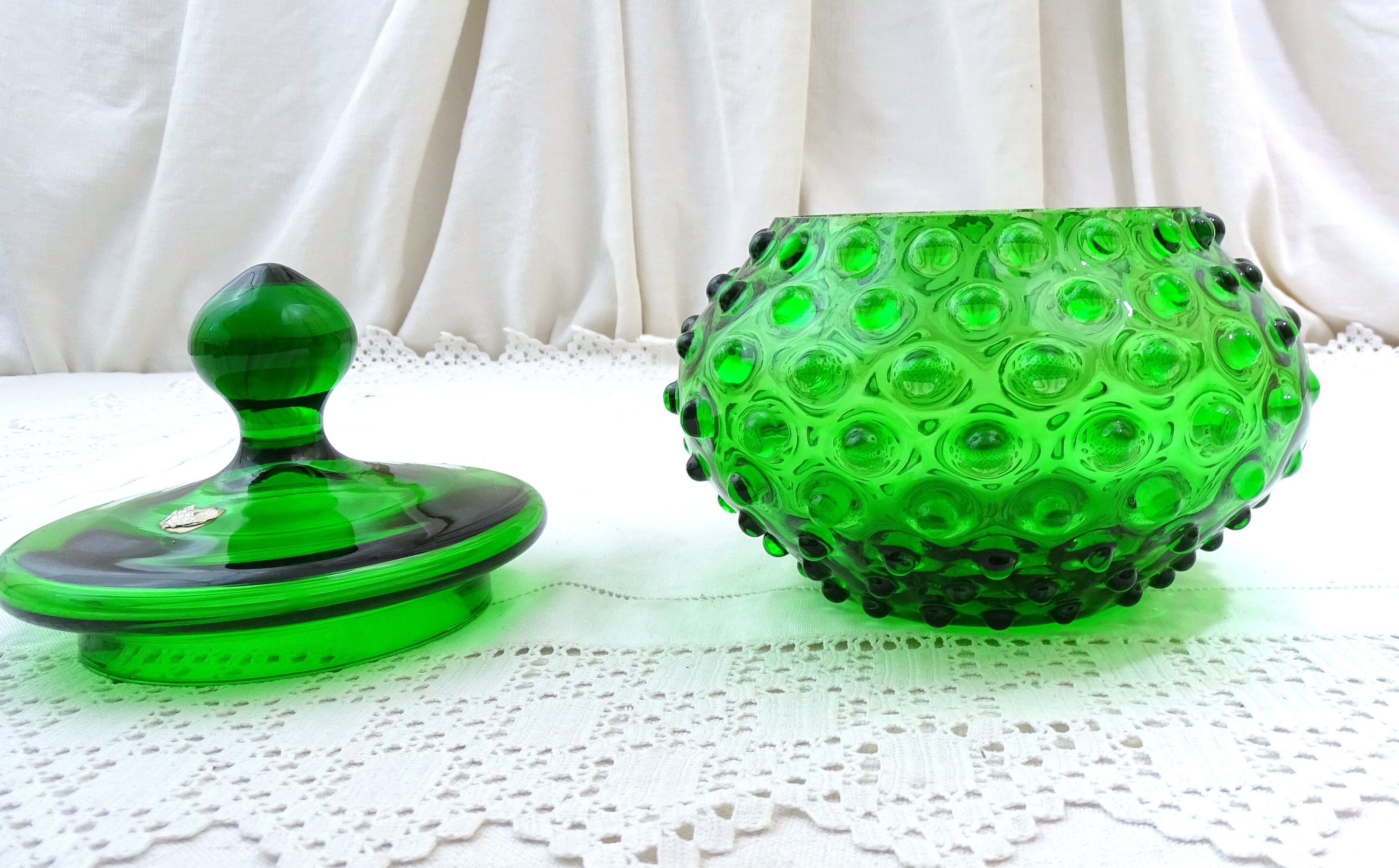 Vintage Mid Century Bohieman Apothecary Green Glass Jar with Bumpy ...