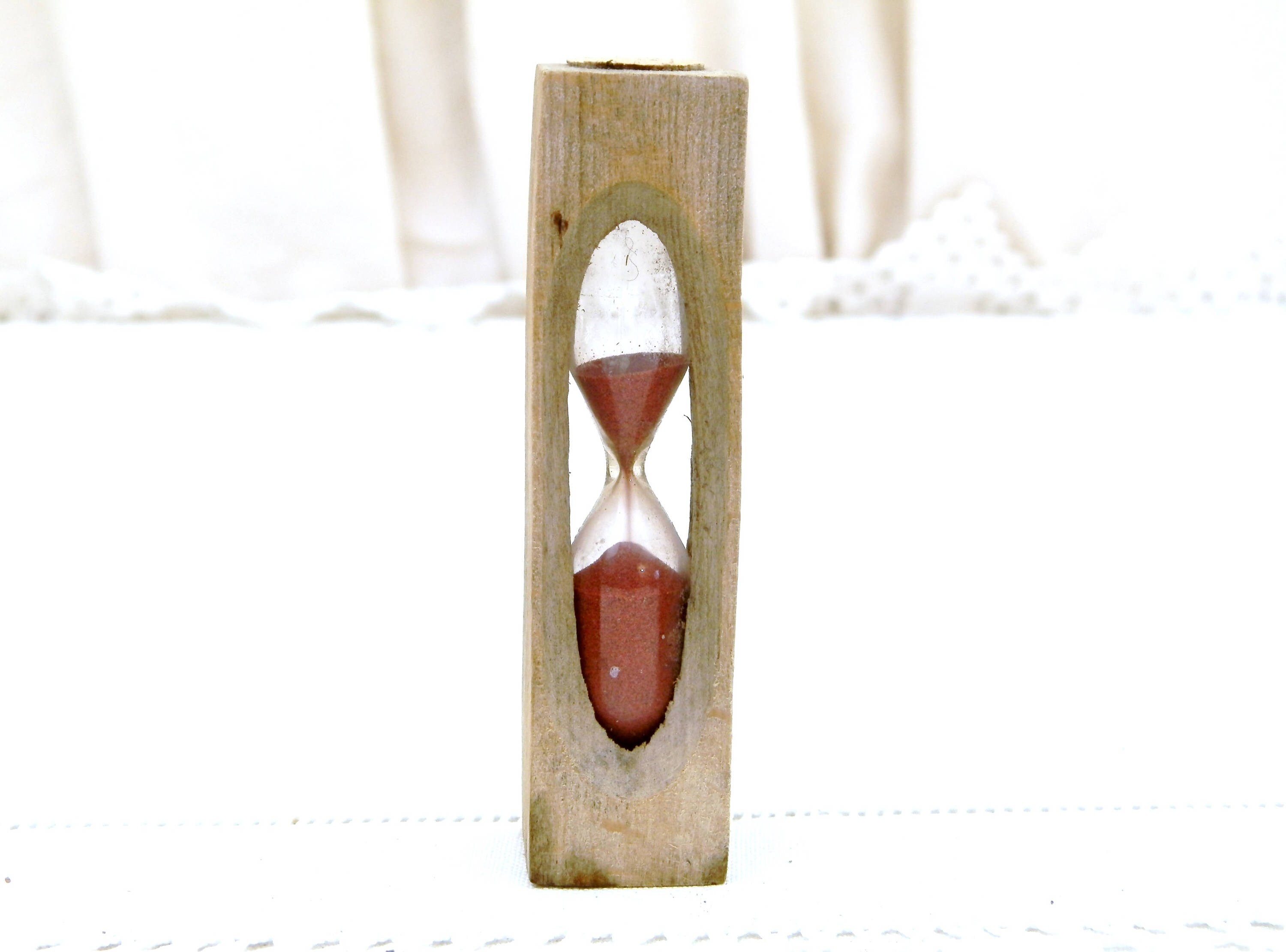Vintage Rustic Primitive Egg Timer Made of Wood and Glass with Red Sand ...