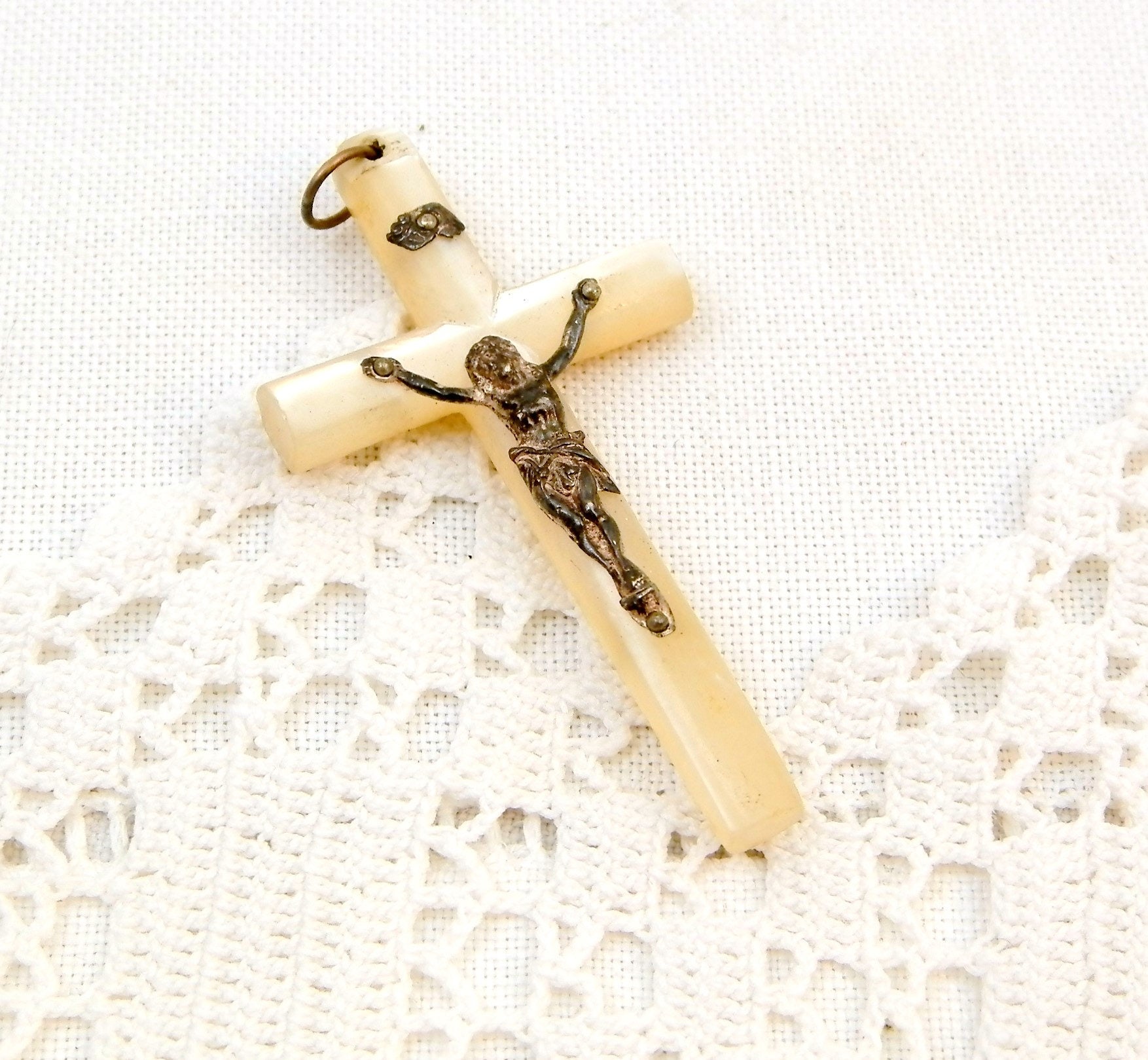 Vintage French Mother of Pearl and Silver Plated Crucifix, French ...