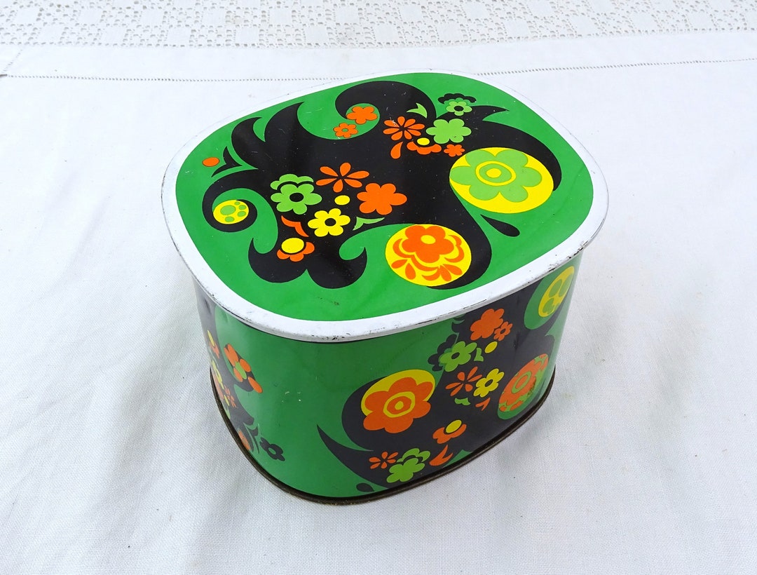 Vintage French 1960s Psychedelic Metal Tin With Funky Flower Pattern by ...
