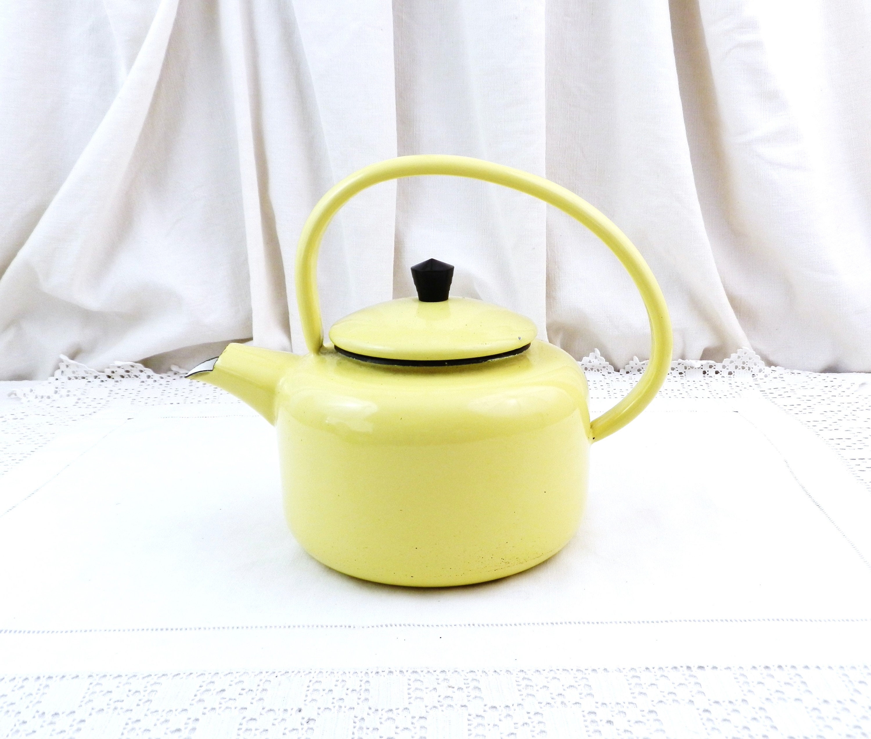 French Vintage Mid Century Bright Yellow Enamel Kettle with Large ...