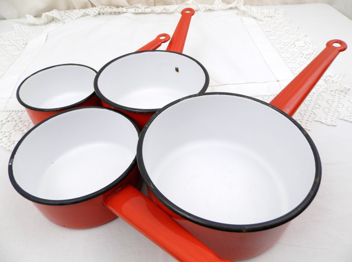 4 Matching Set of Vintage French Bright Red and White Enamelware ...