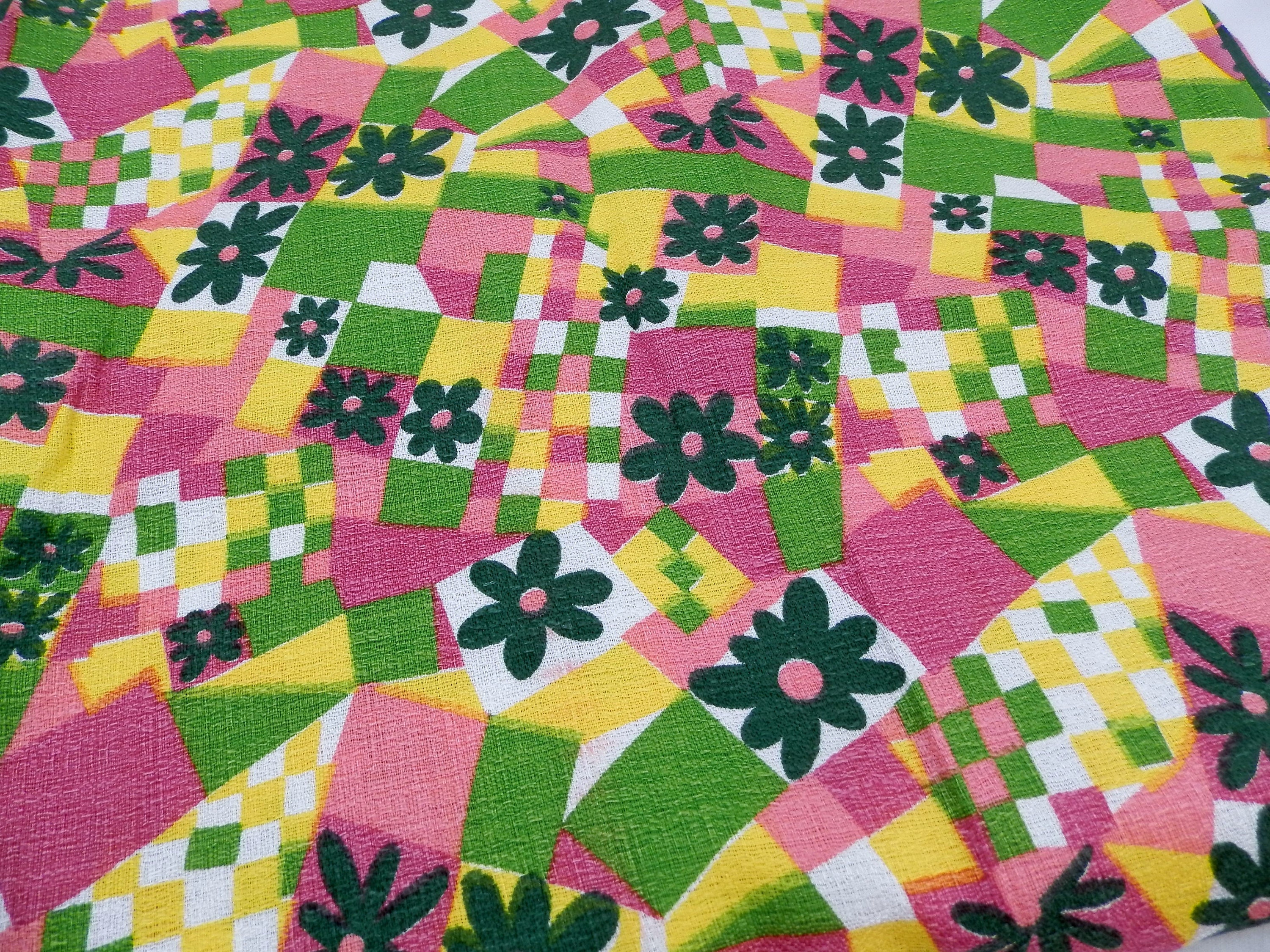 Unused Vintage 1960s / 1970s Pattern Cotton Fabric, Vivid Colors Pink ...