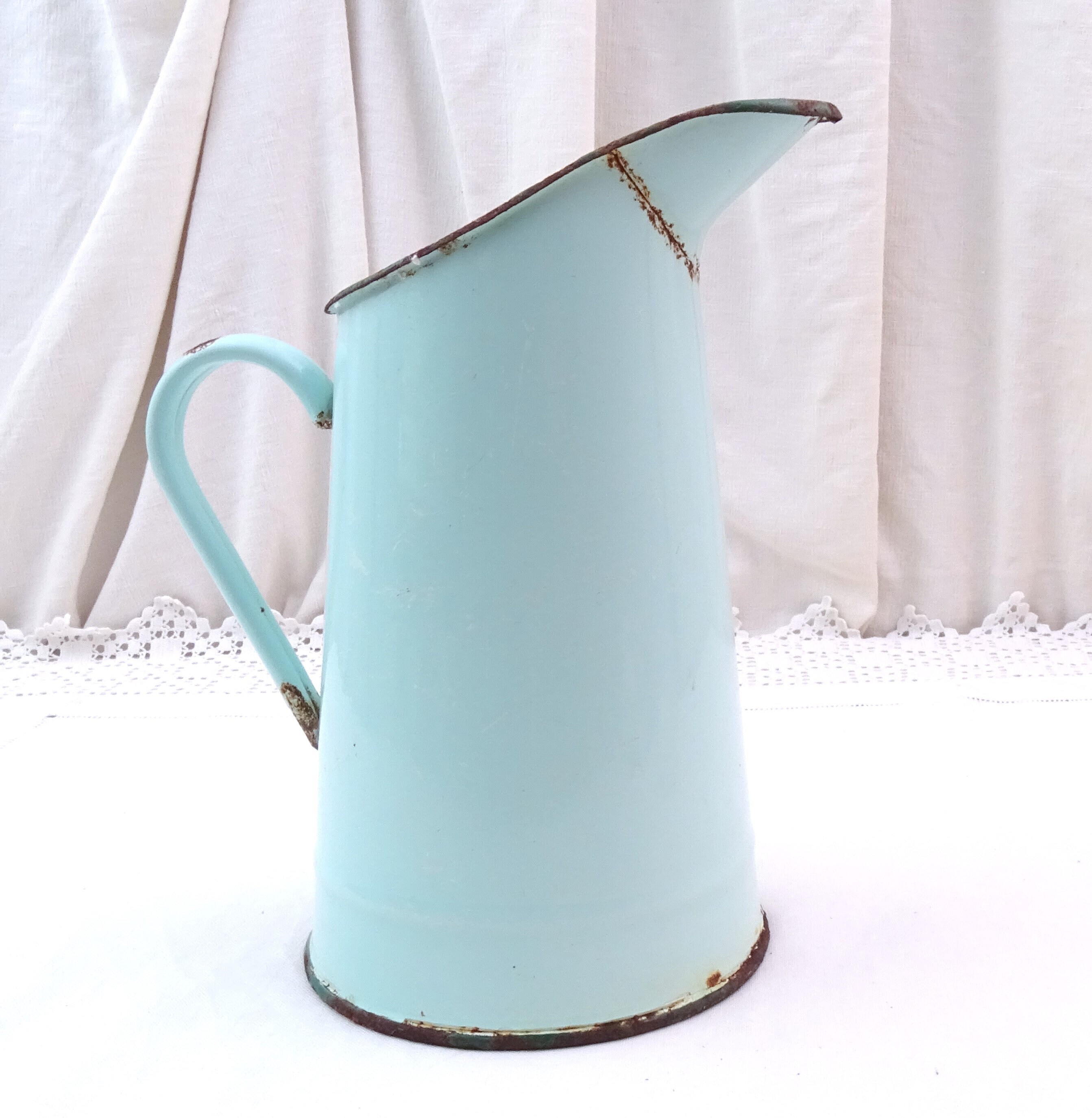 Vintage French Pale Mint Green Metal Enamelware Water Pitcher, Retro ...