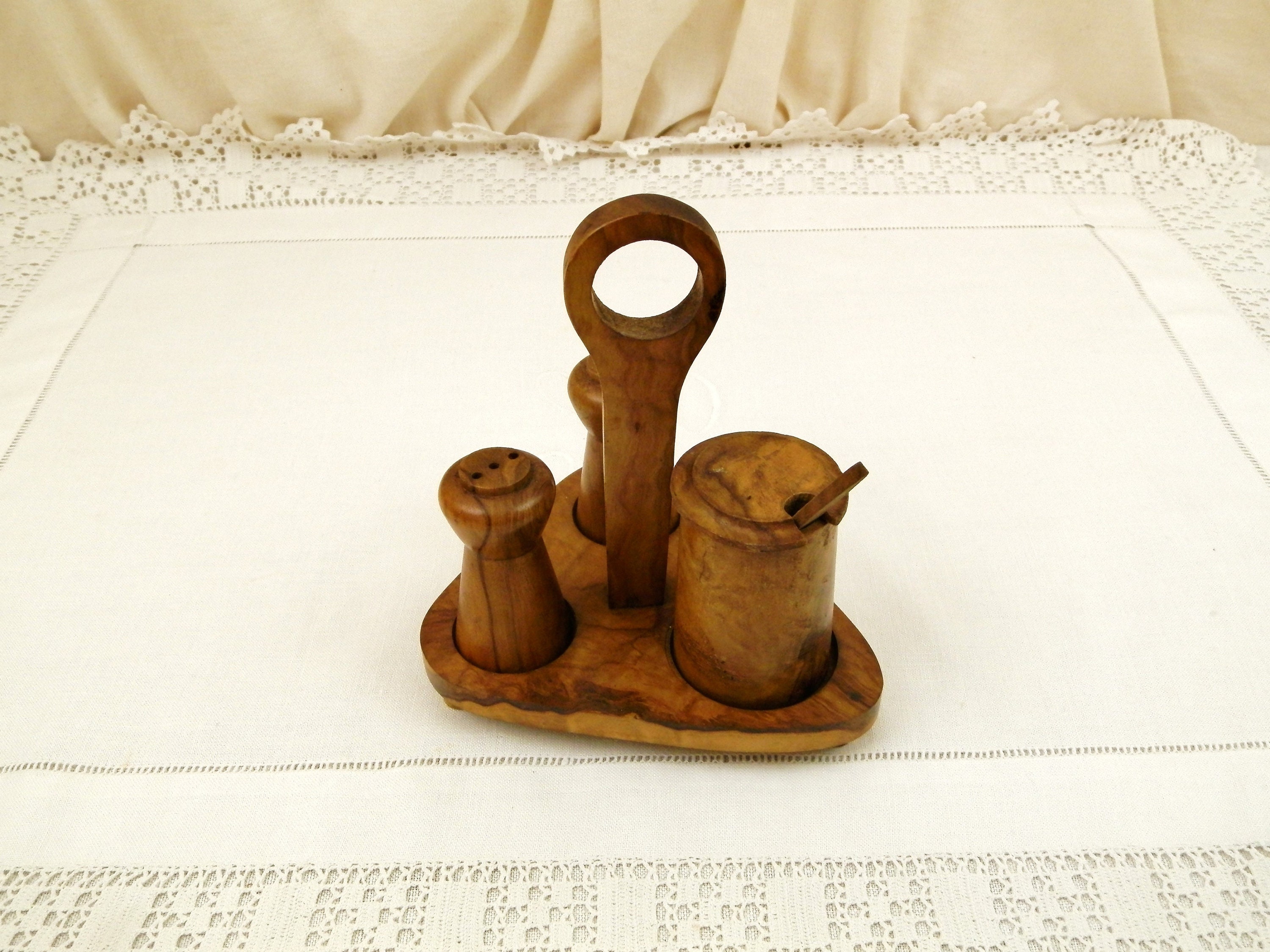 Vintage French 1960 Mid Century Olive Wood Condiment Set with Holder ...
