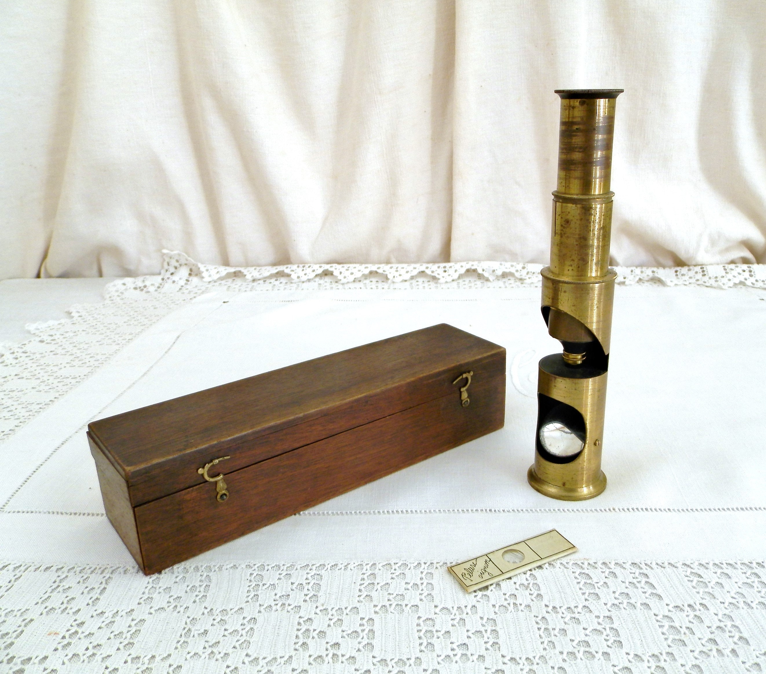 Antique 19th C Boxed Brass Field Microscope with Glass Slide, Victorian ...