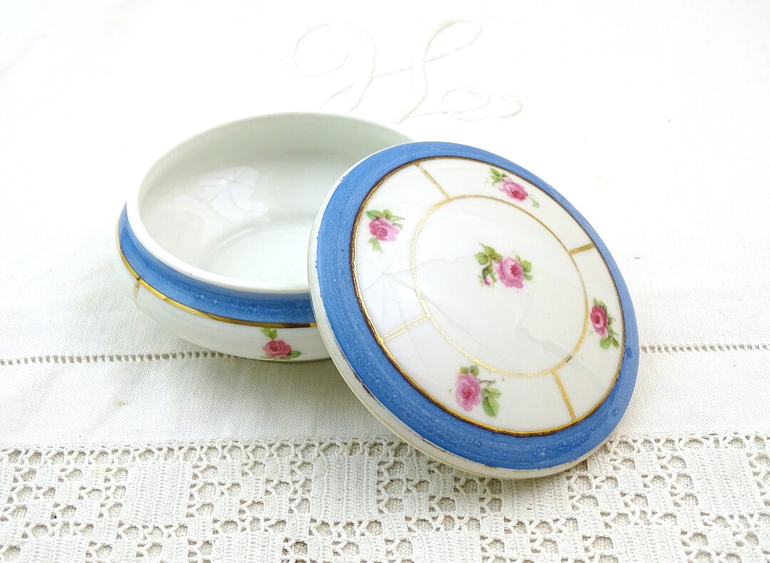 Vintage French Limoges Porcelain Round Powder Box With Small Pink Rose ...