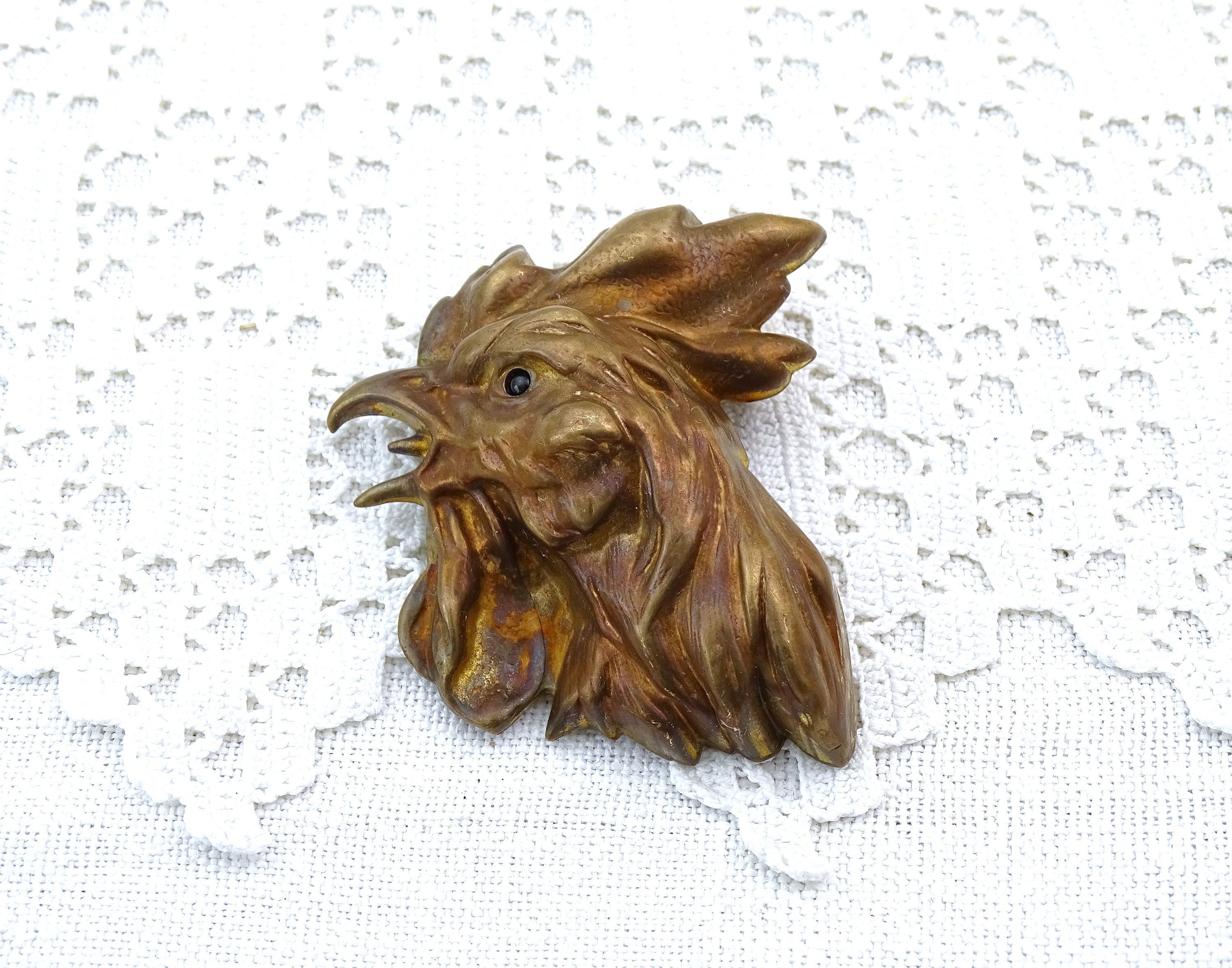 Vintage French Embossed Copper Metal Rooster Head Pin, Retro Novelty ...