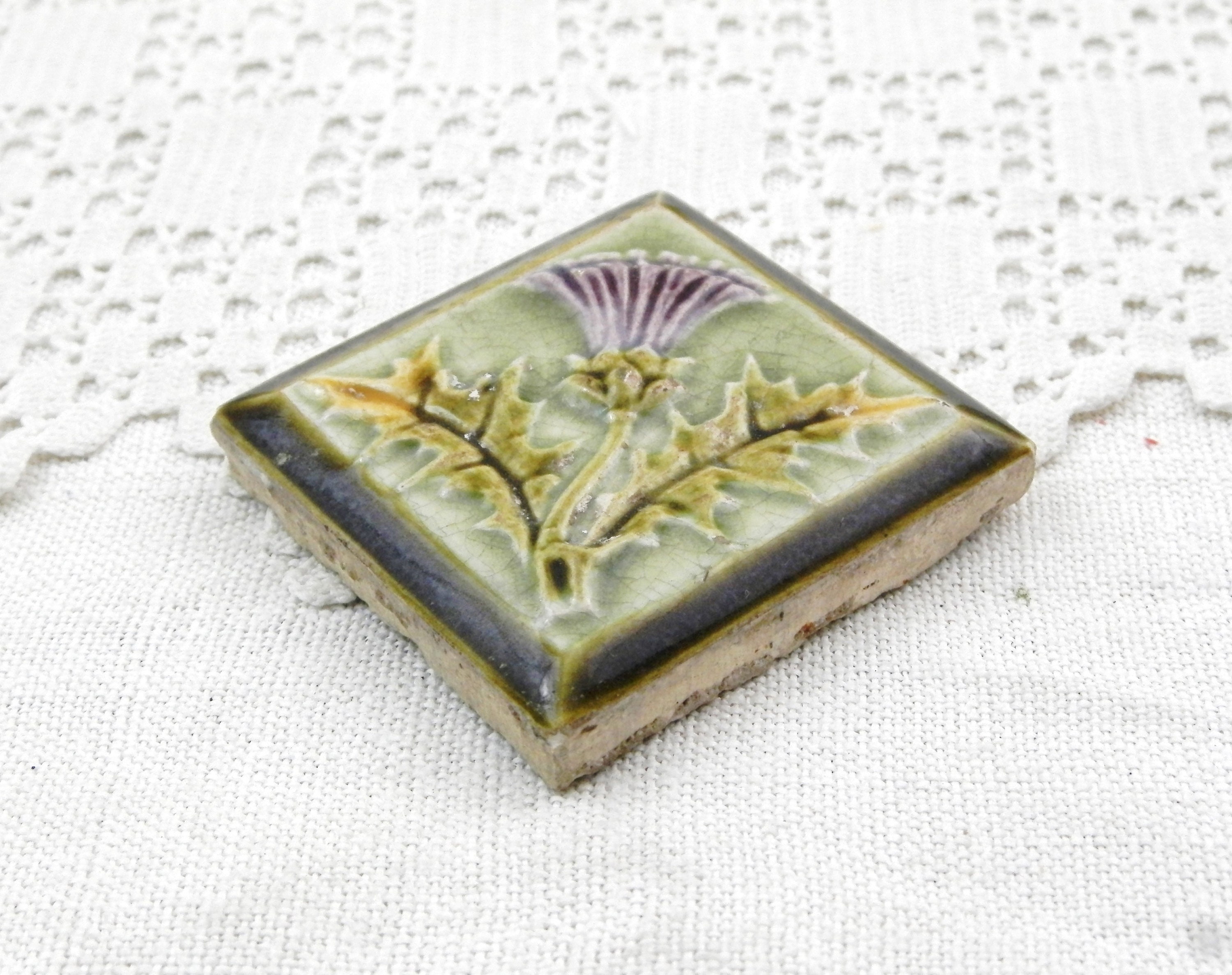Small Antique Victorian Scottish Square Ceramic Tile with Embossed ...
