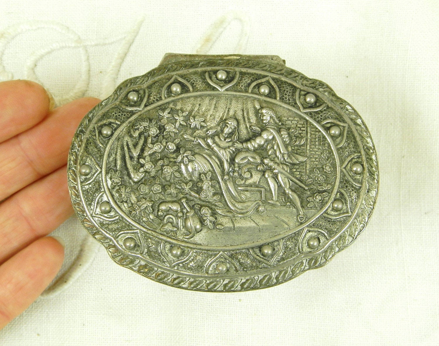 Vintage French Metal Trinket Box Depicting a Romantic Scene, Retro ...