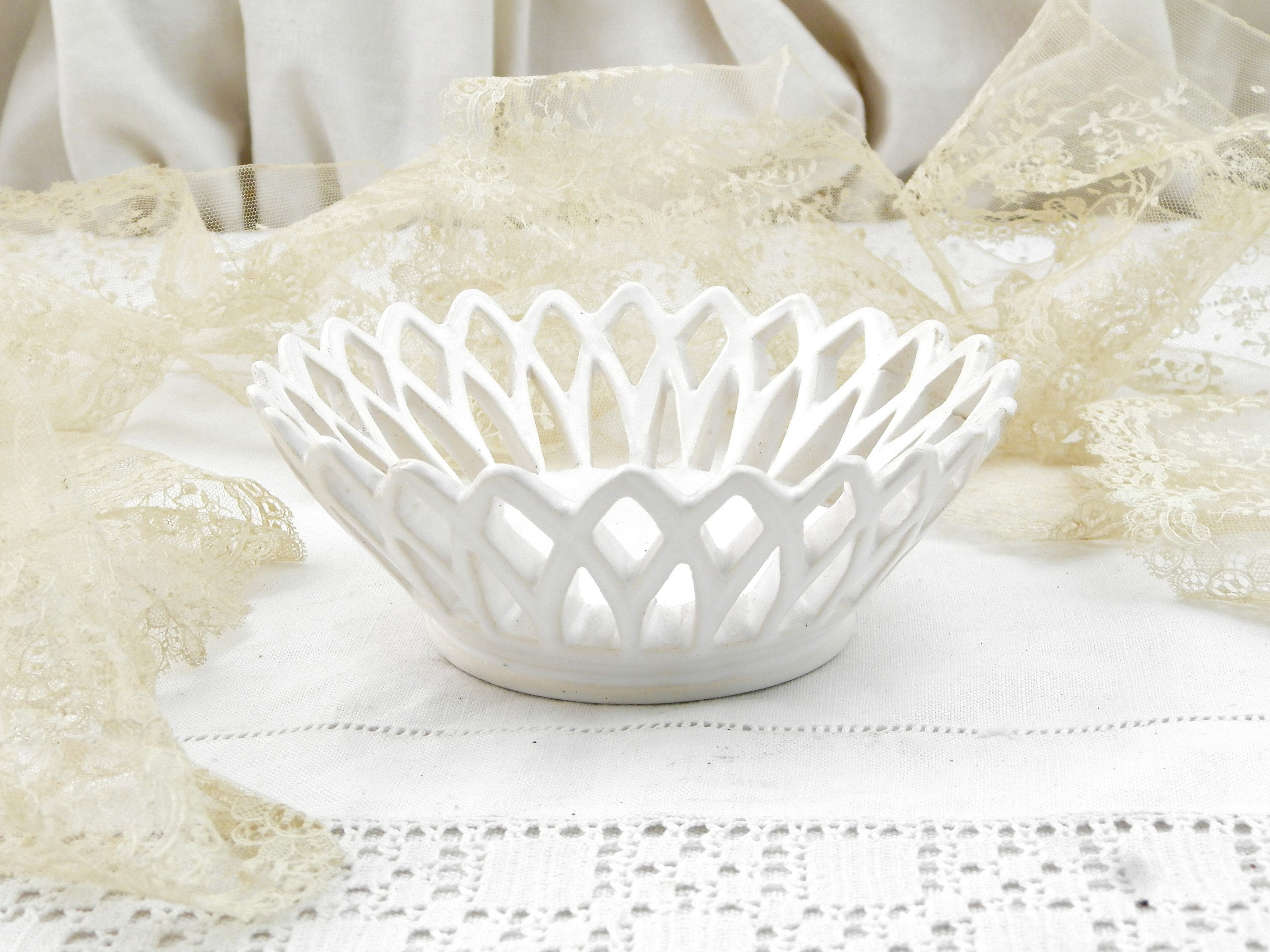 Vintage White Glazed Ceramic Cut Out Design Bowl, Retro Pierced Pottery ...