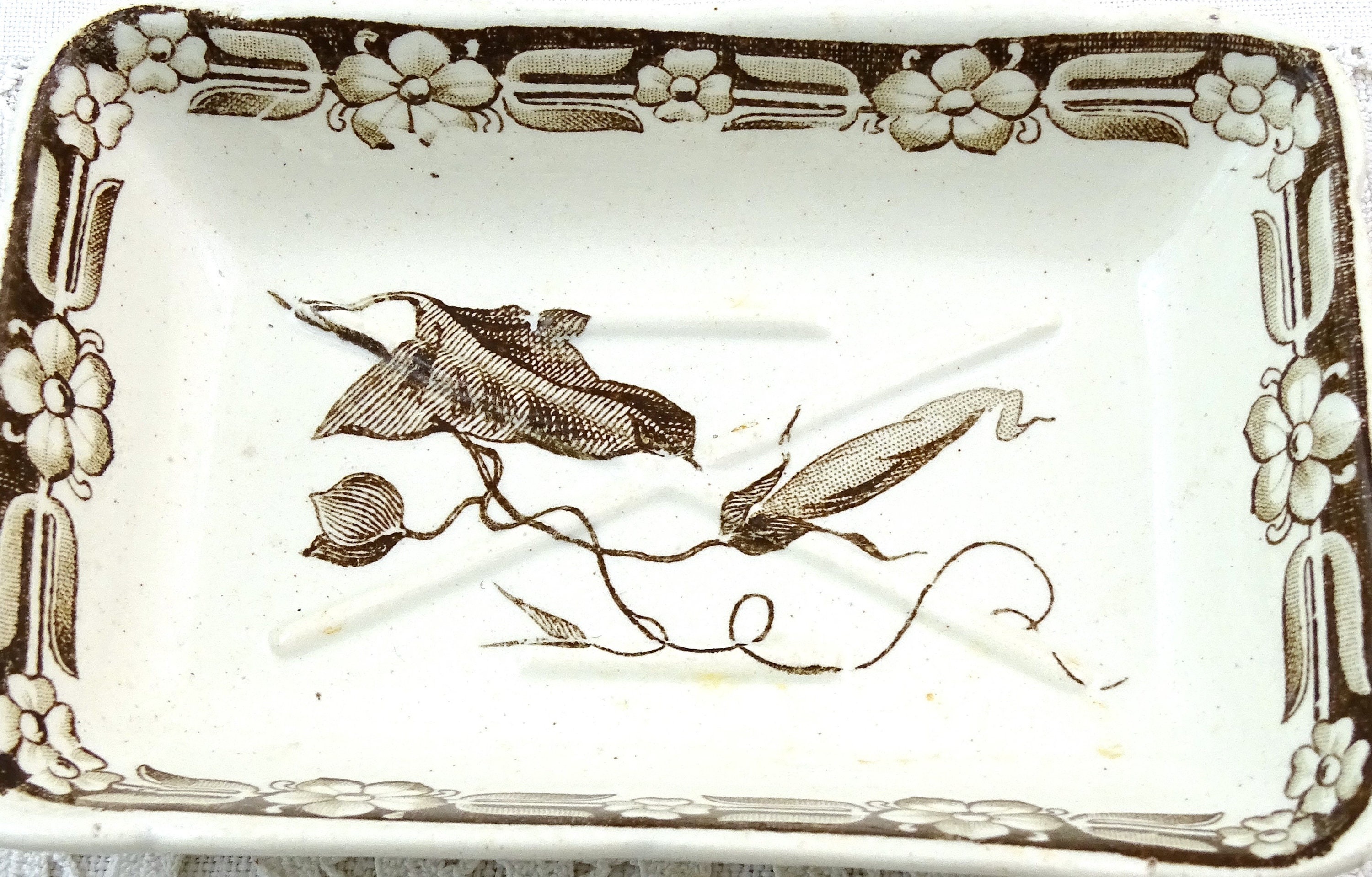 Small Antique French Ironware Rectangular Soap Dish with Brown Ivy Leaf ...