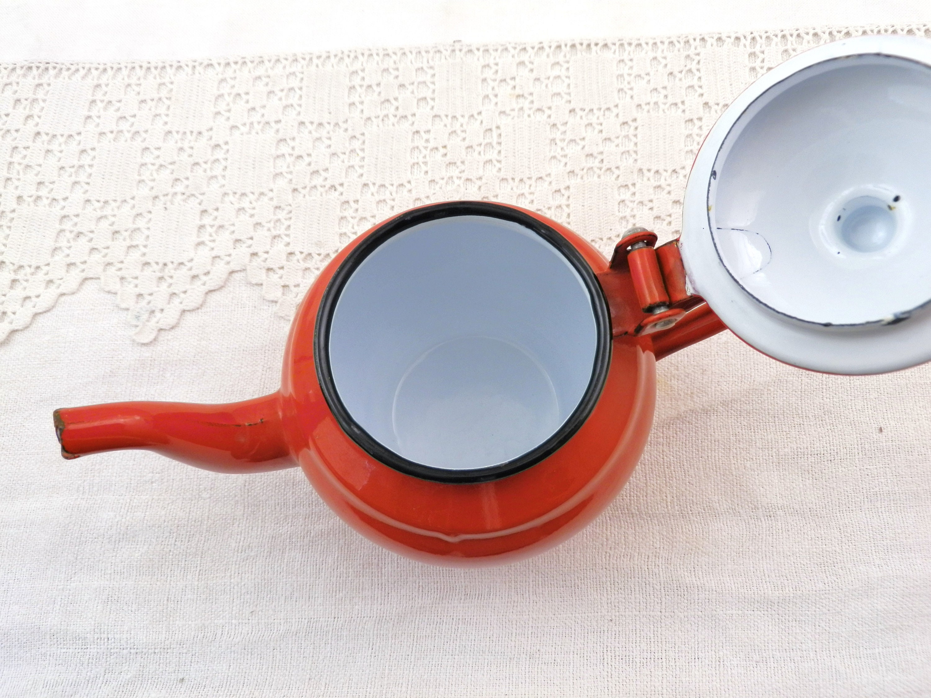 Small Vintage Unused Red Enamel Tea Pot with Goose Neck Spout, French ...