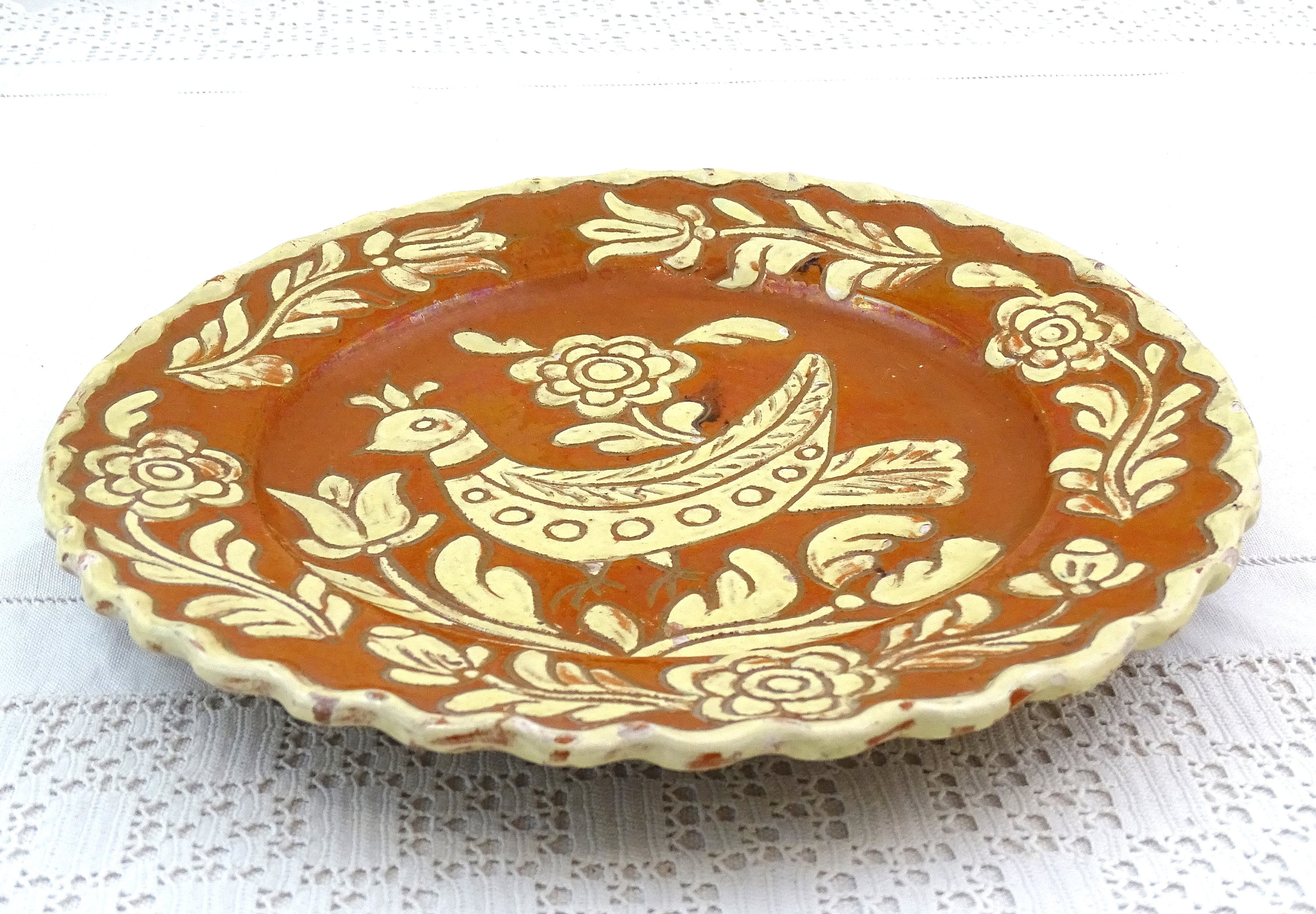 Vintage French Ceramic Redware Sgraffito and Slip Decorated Wall Plate ...