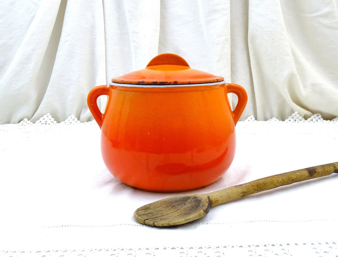 Vintage French Pot Bellied Cast Iron Cooking Pot in Bight Orange Enamel ...