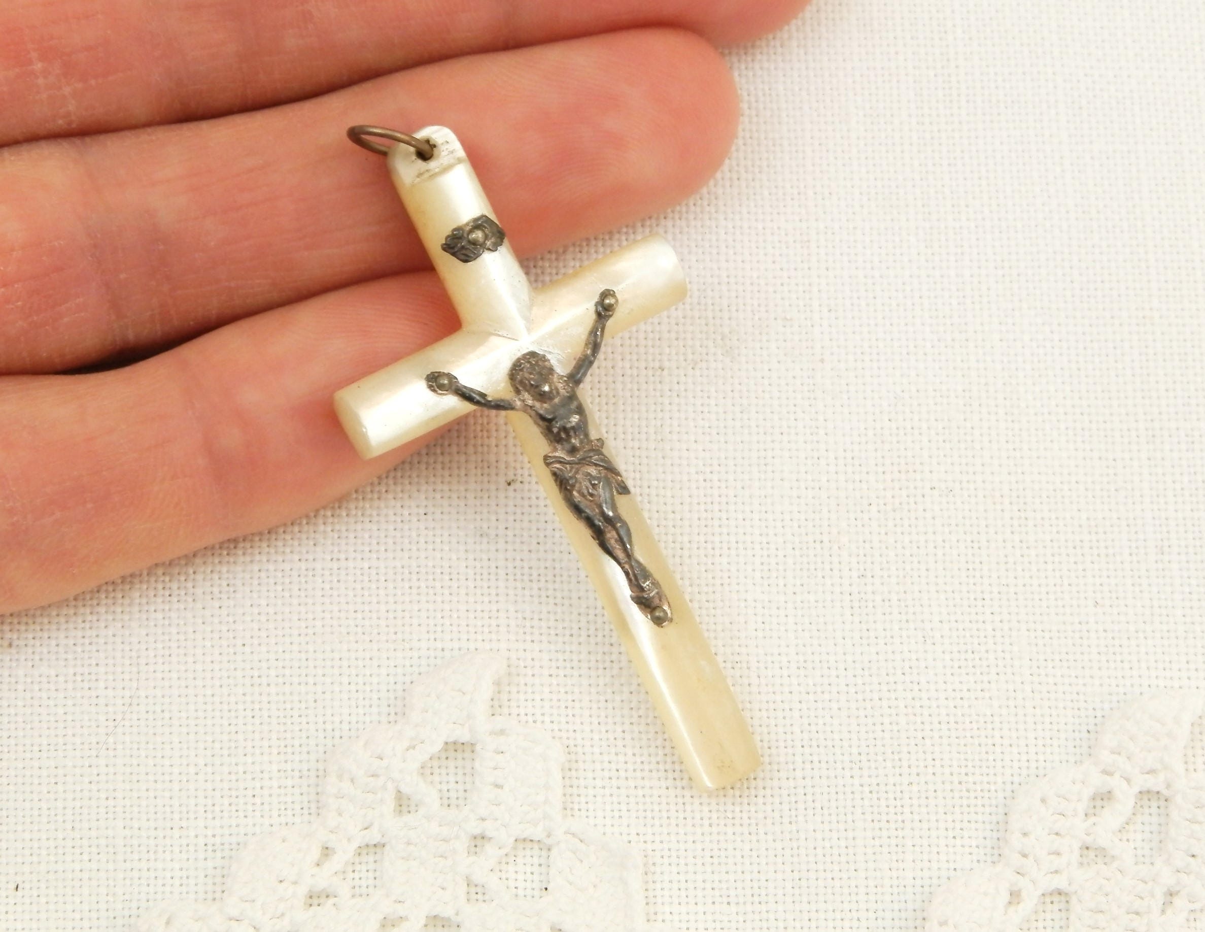Vintage French Mother of Pearl and Silver Plated Crucifix, French ...