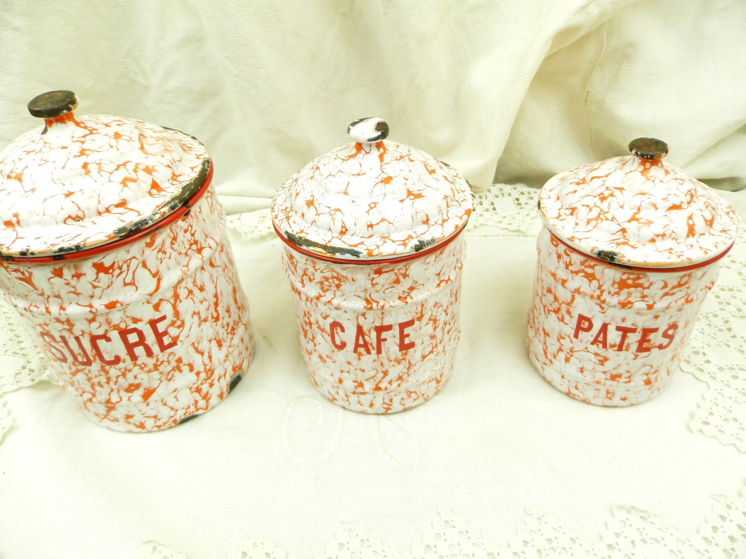 Antique French 3 Piece Canister Set in Red White Marbled Enamel ...