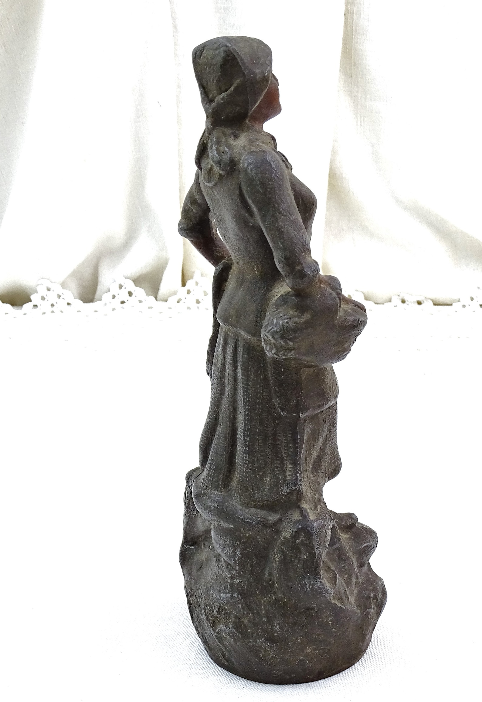 Antique French Metal Sculpture of Fisherwoman, Vintage Statue Figurine ...
