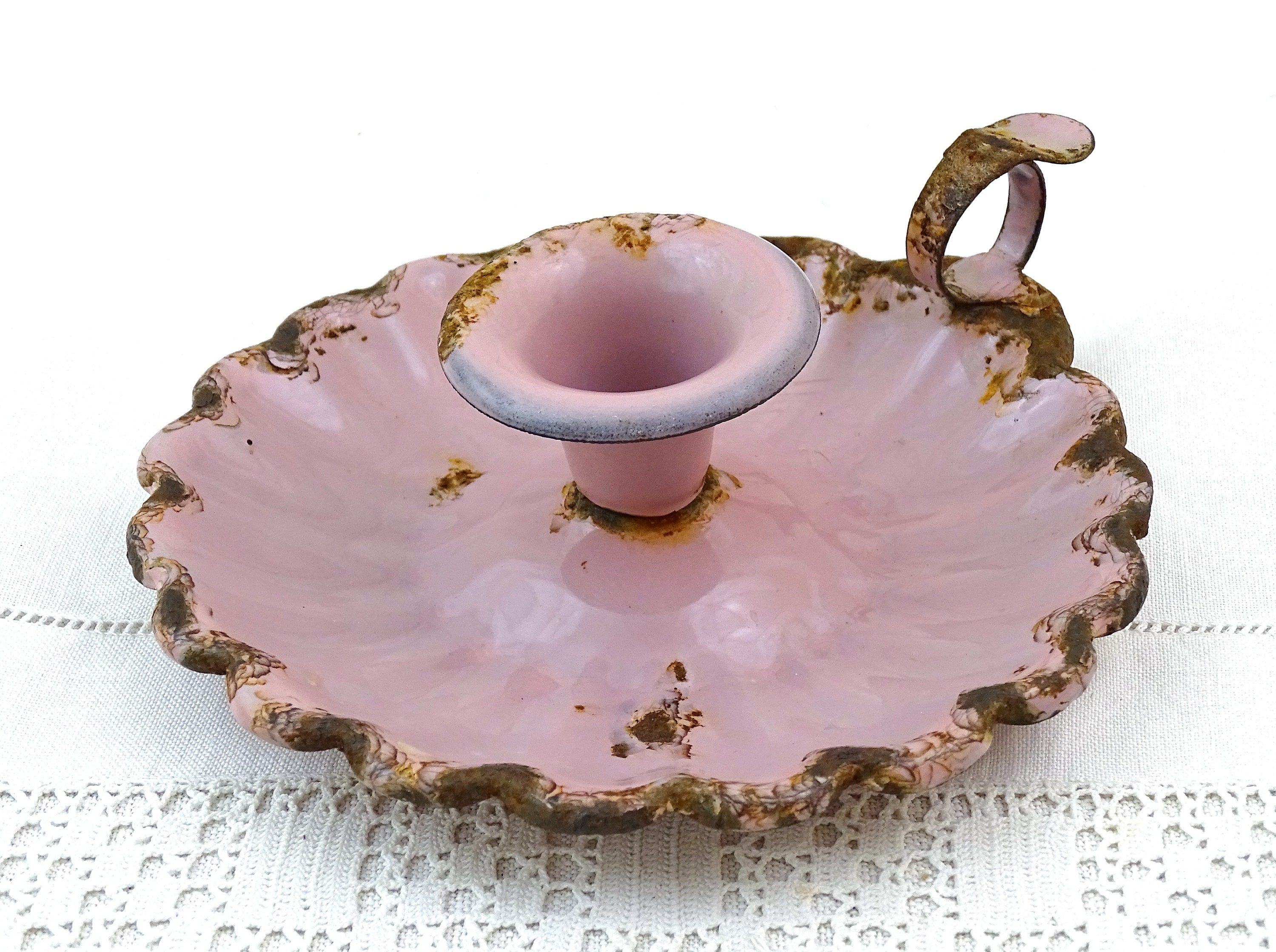 Antique French Pink Chippy Enamel Hand Held Candle Stick Holder ...