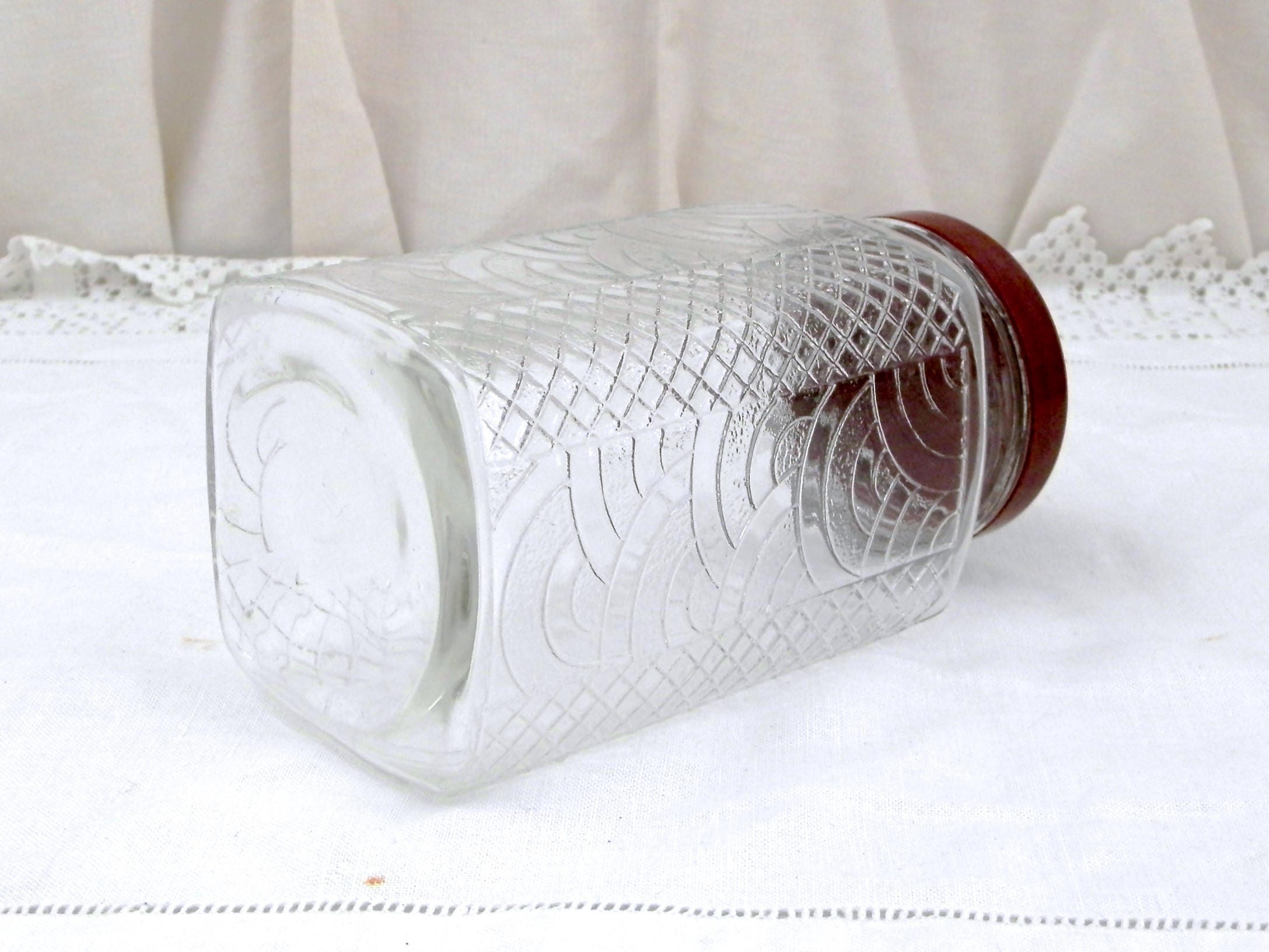 Square Vintage Art Deco 1930s Design Pattern Glass Jar with Bakelite ...