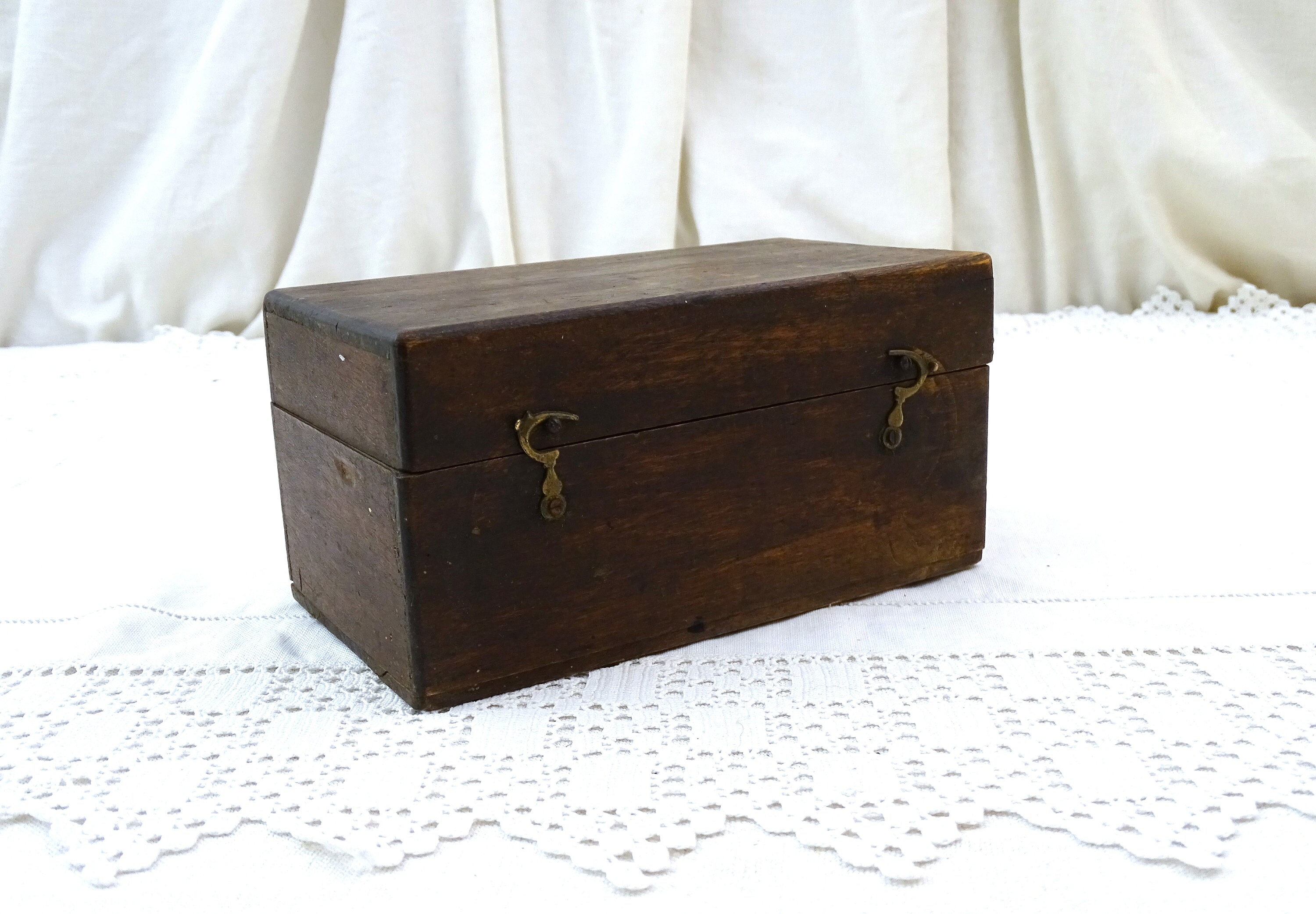 Antique French Rectangular Stained Dark Wooden Box with Brass Catches ...