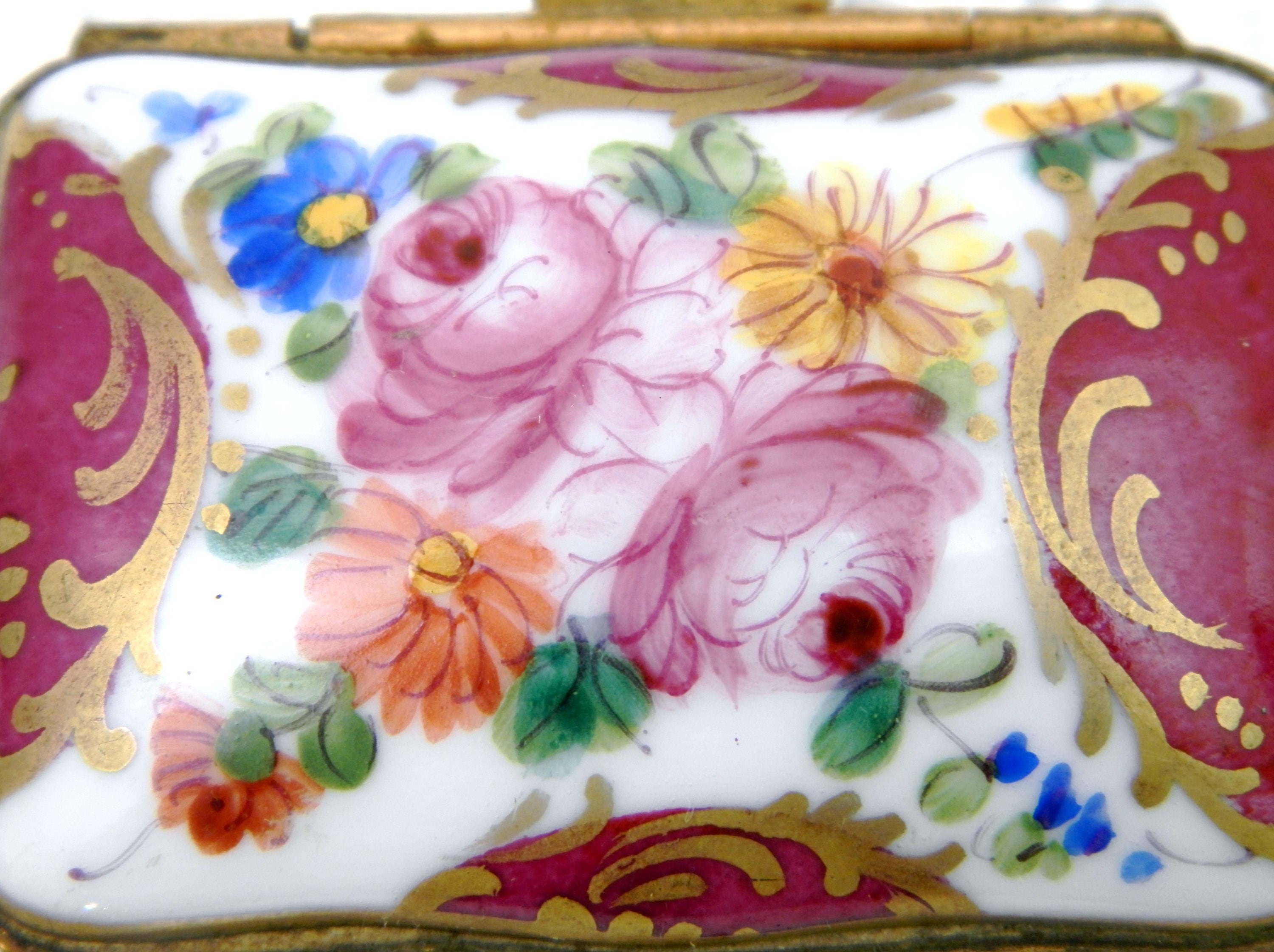 Small Vintage Hand Painted Porcelain Pill Box with Floral Pattern and ...