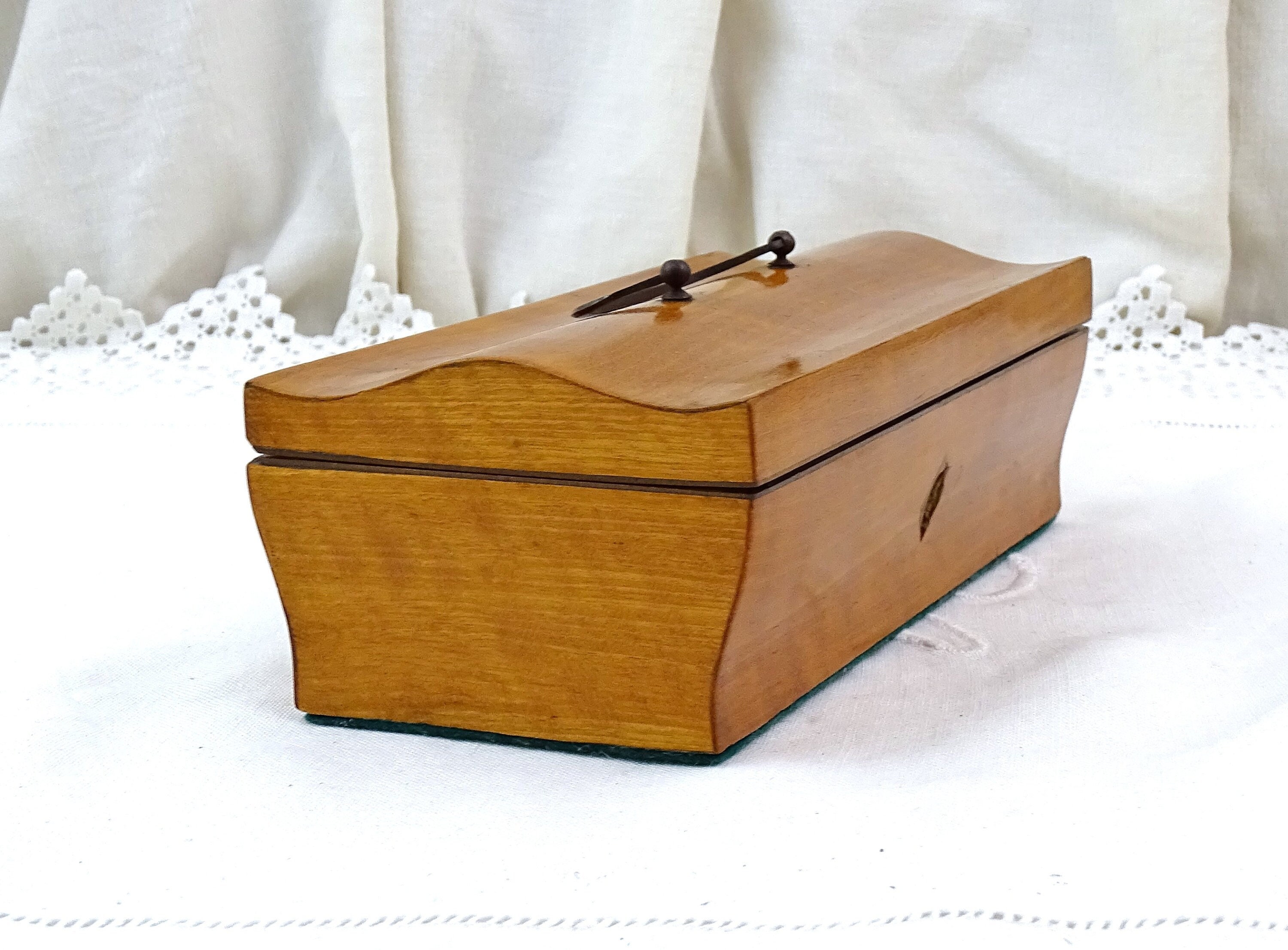 Vintage French Long Thin Curved Lidded Fruit Wood Jewelry Box with ...