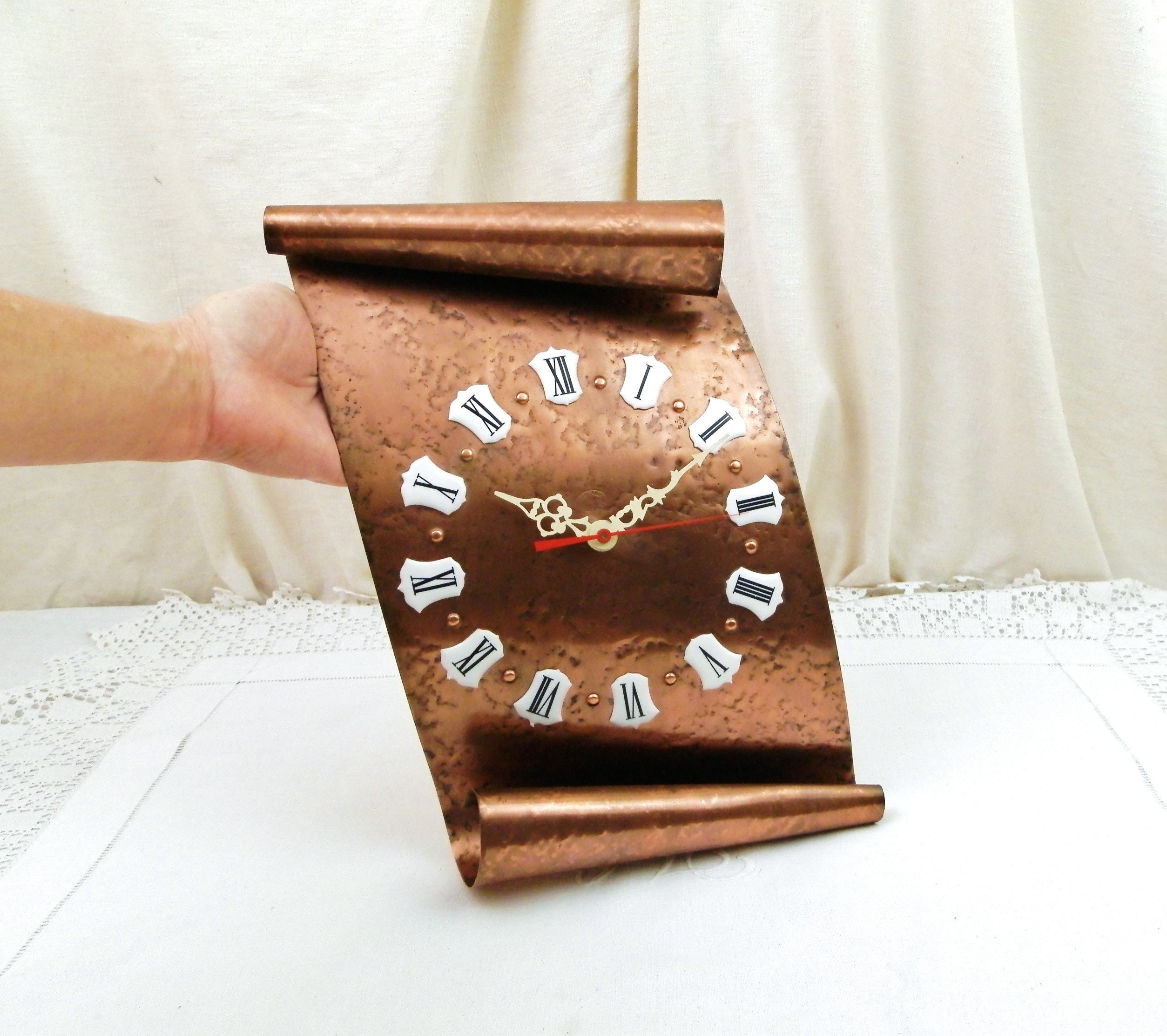 Vintage French 1980s Textured Scrolled Copper Sheet Wall Hanging Clock ...