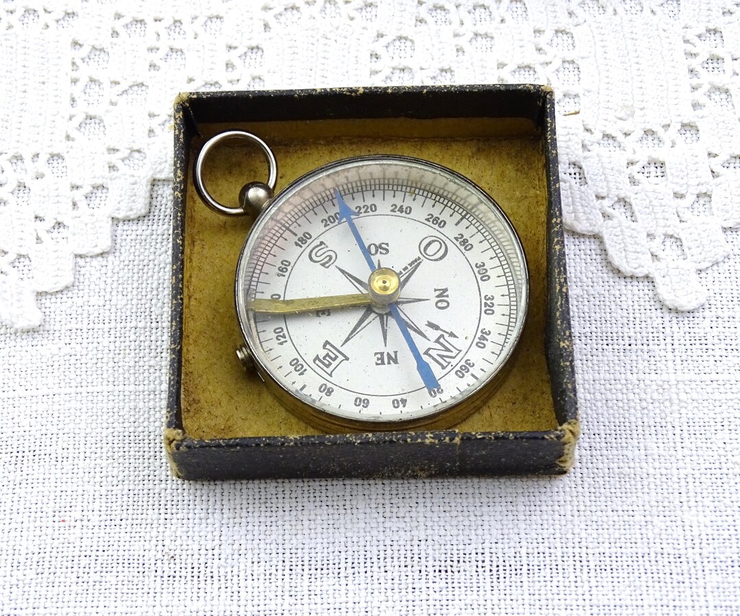 Antique French Round Brass Pendant Compass With Hanging Loop, Retro Dry ...