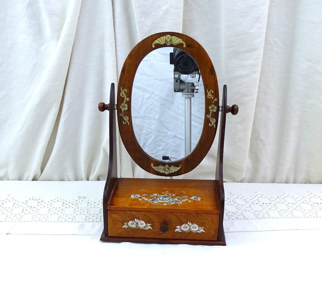 Vintage Oval Swivel Vanity Mirror Stand and Draw Made of Wood With ...