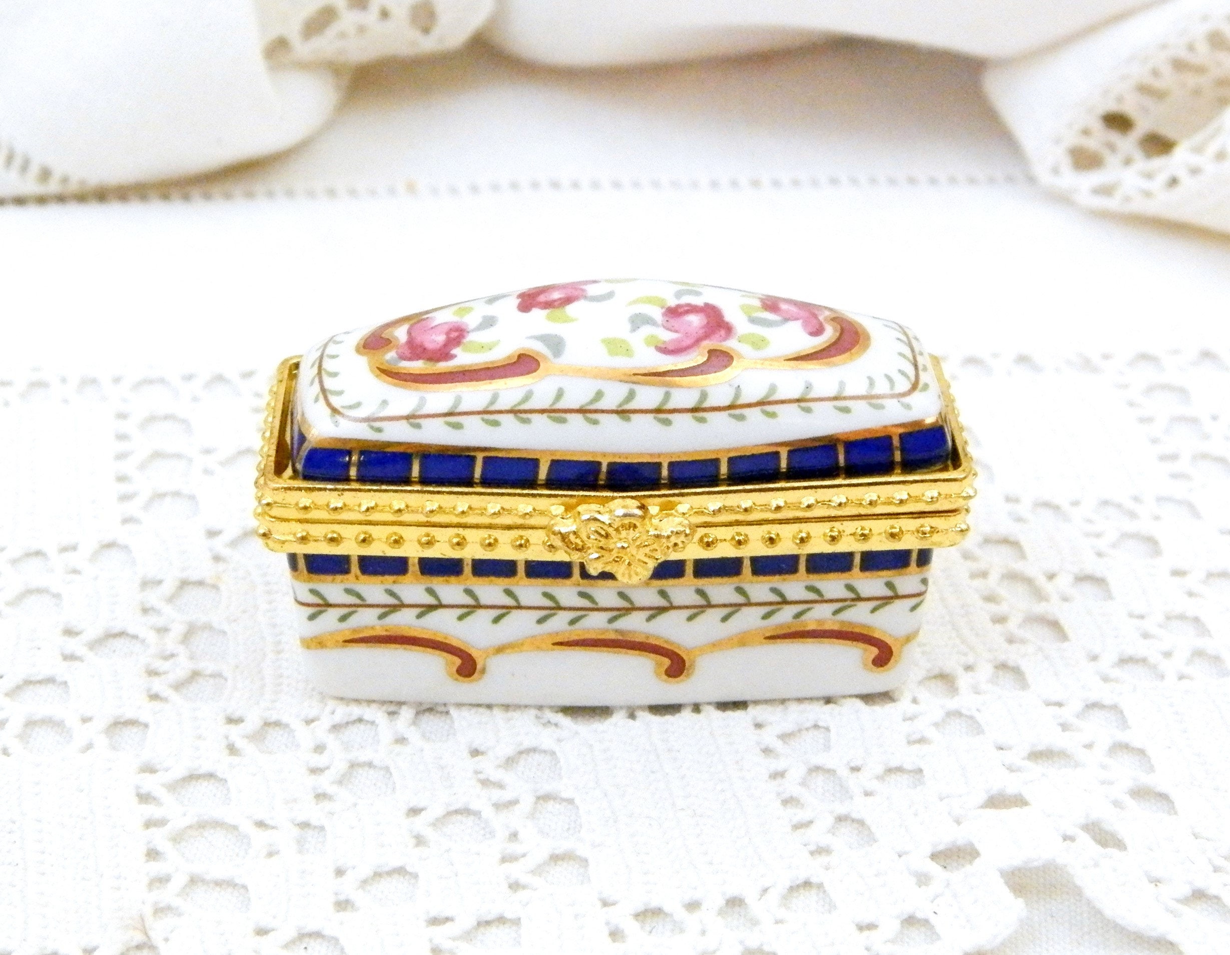 Small Vintage French Hand Painted Porcelain Pill Box with Floral ...