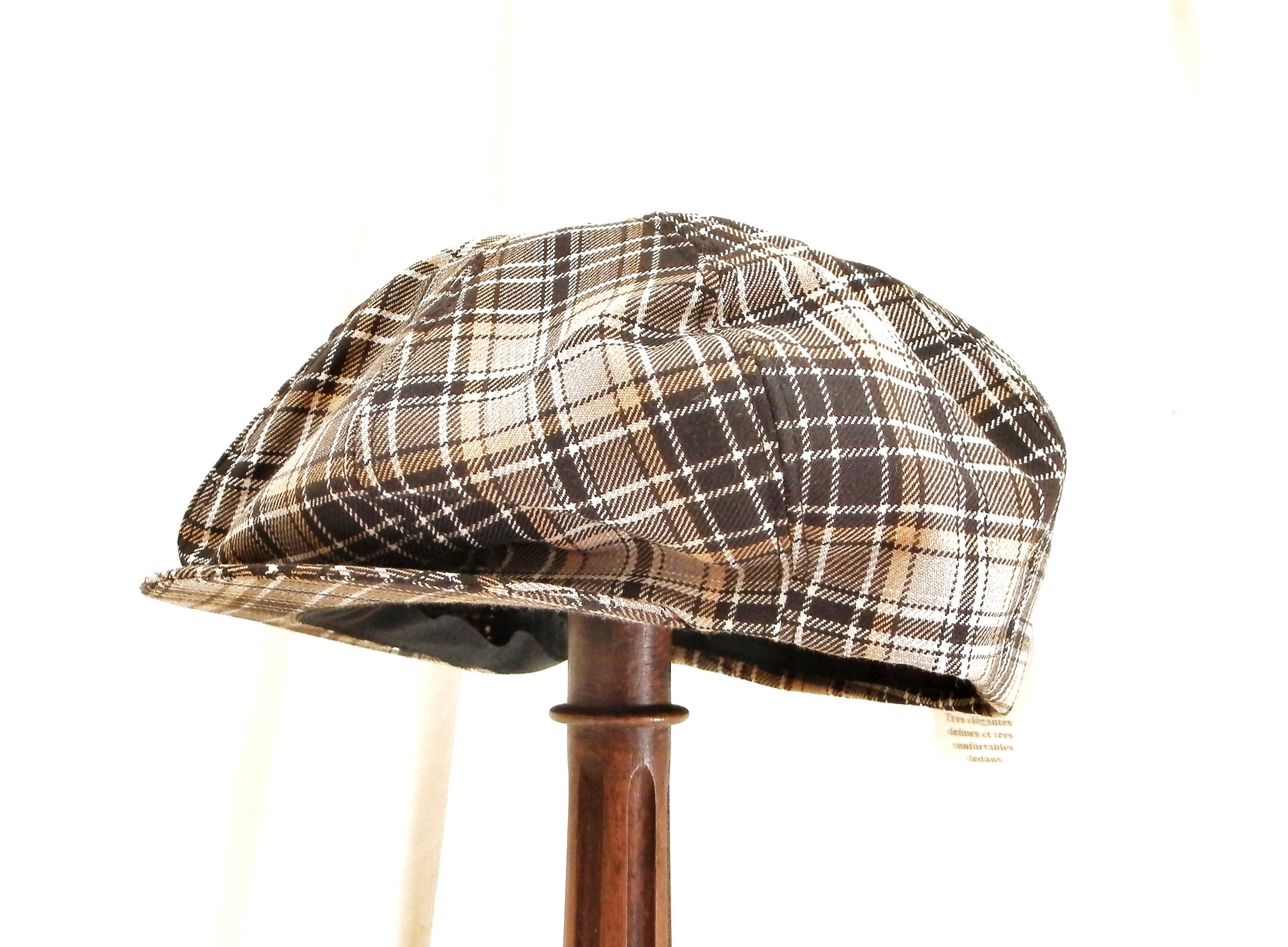 Vintage French Unused Chequered Brown Pattern Button Topped Flat Cap ...