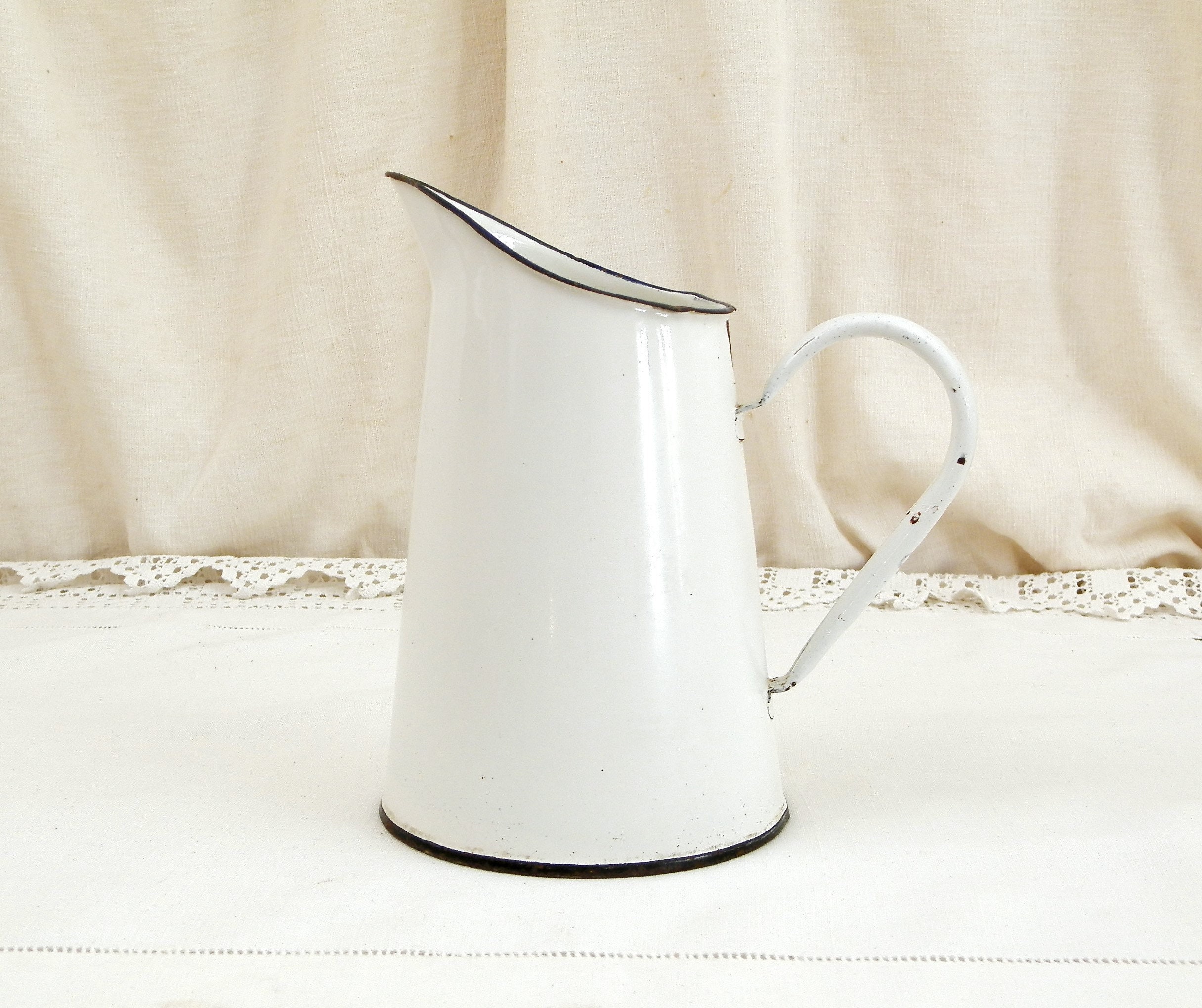 Antique French White Porcelain Enamelware Water Pitcher, Country ...